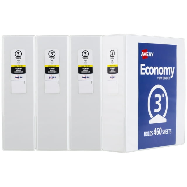 "Avery 3 Ring Binders, Economy View, 3"" Round Rings, Pack of 4, White ...