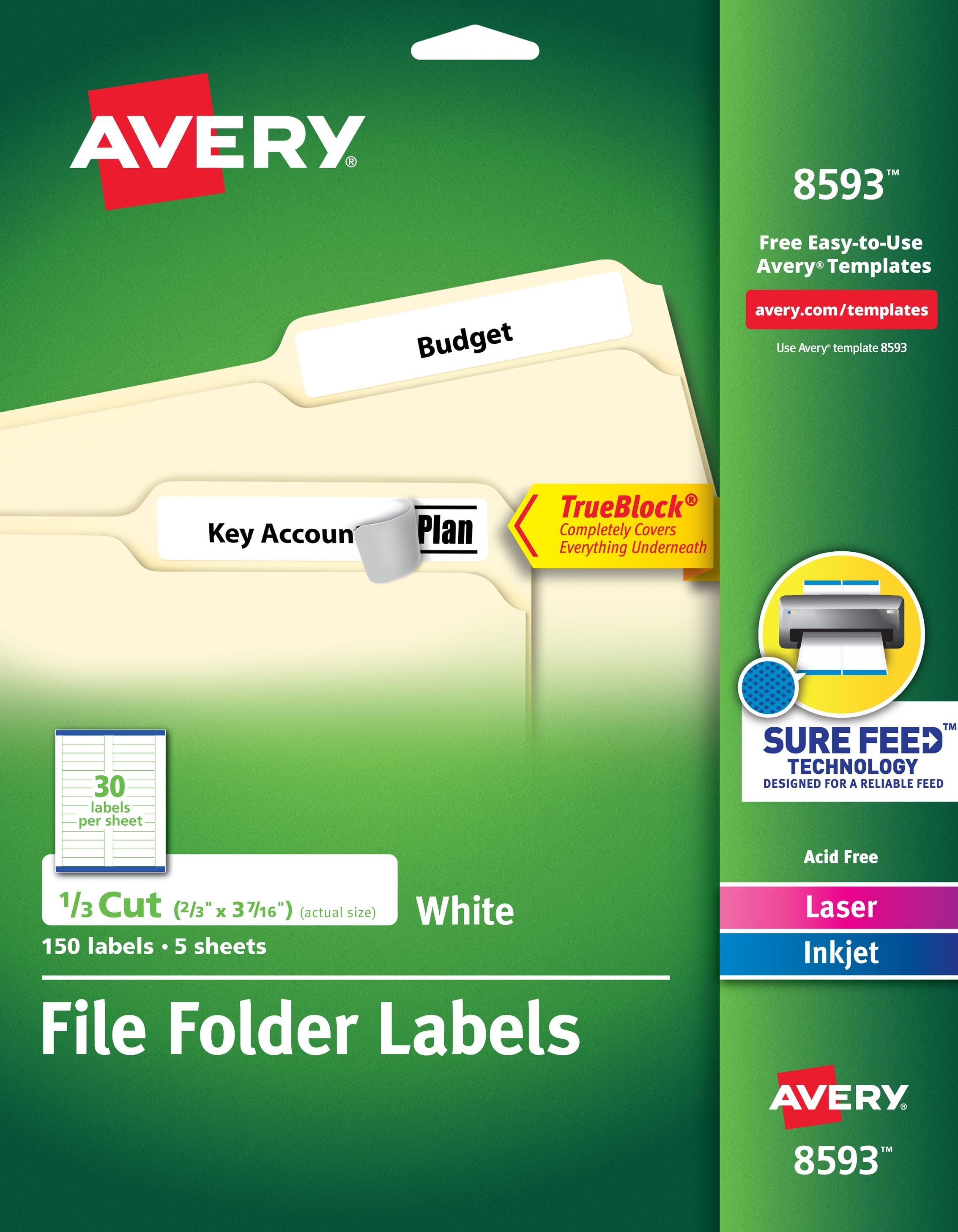 Avery File Folder Labels, 1/3 Cut, 2/3" x 3-7/16", Paper, White, Laser ...