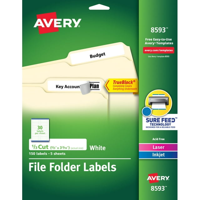 Avery File Folder Labels, 1/3 Cut, White, 150 Labels - Walmart Business ...