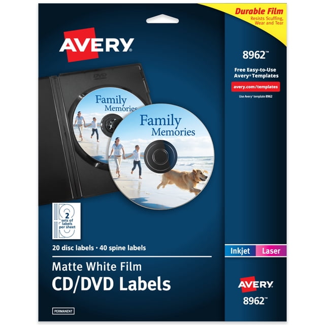 Avery Printable CD Stickers, 20 Disc and 40 Spine Labels, Matte Film ...
