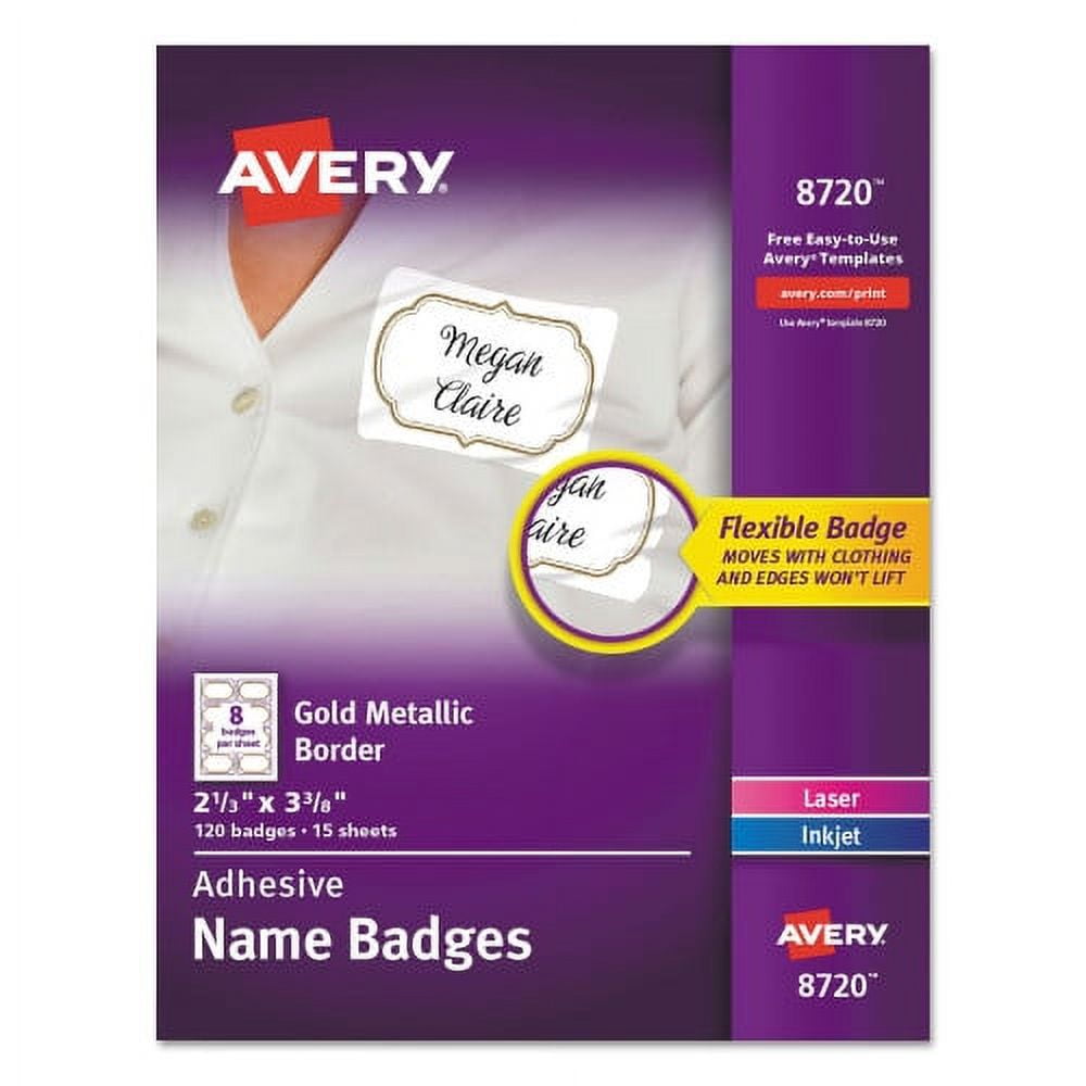 Avery Flexible Adhesive Name Badge Labels, 3 3/8 x 2 1/3, White/Gold ...