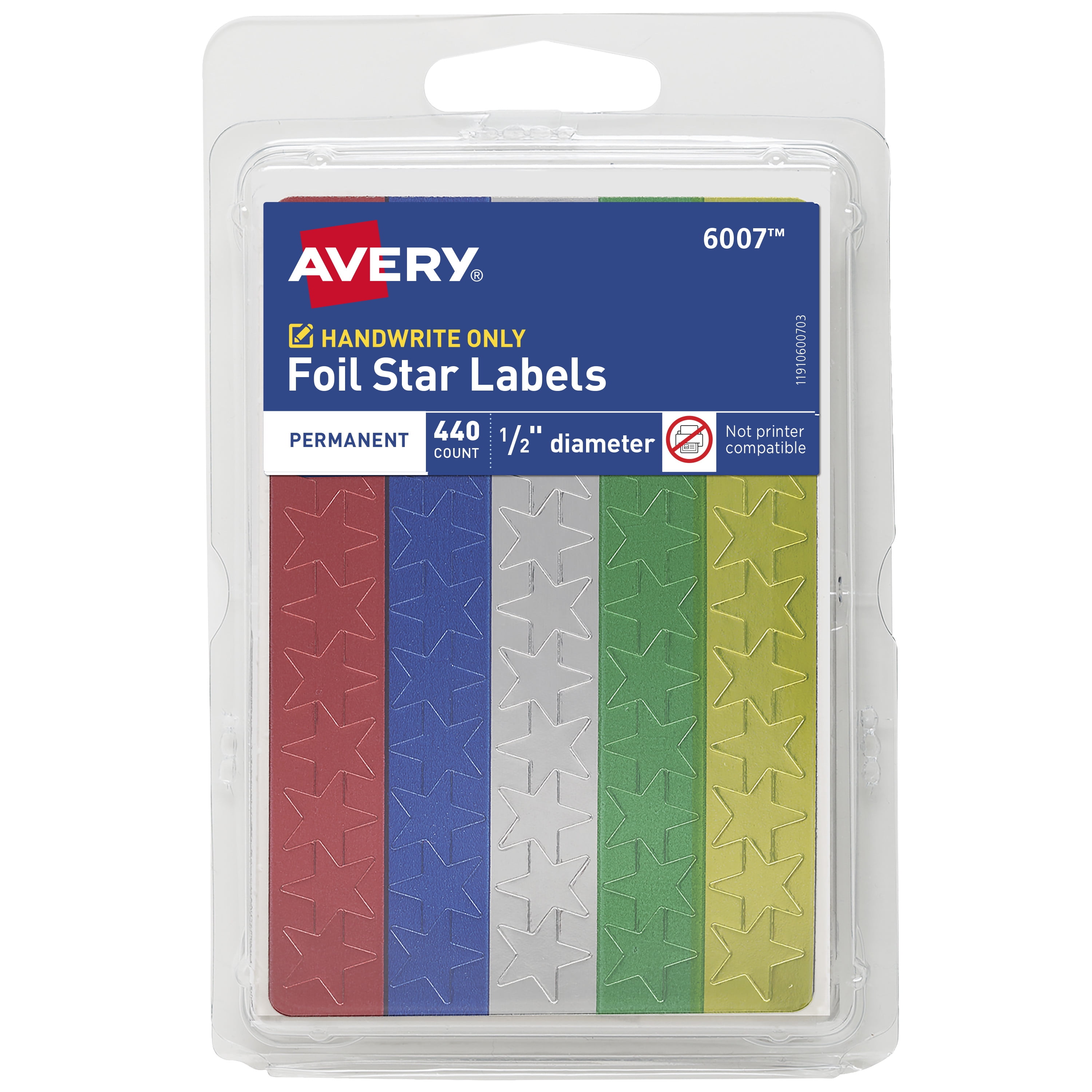 Avery Foil Star Labels, 1/2", Assorted Colors, Non-Printable, 440 Star ...