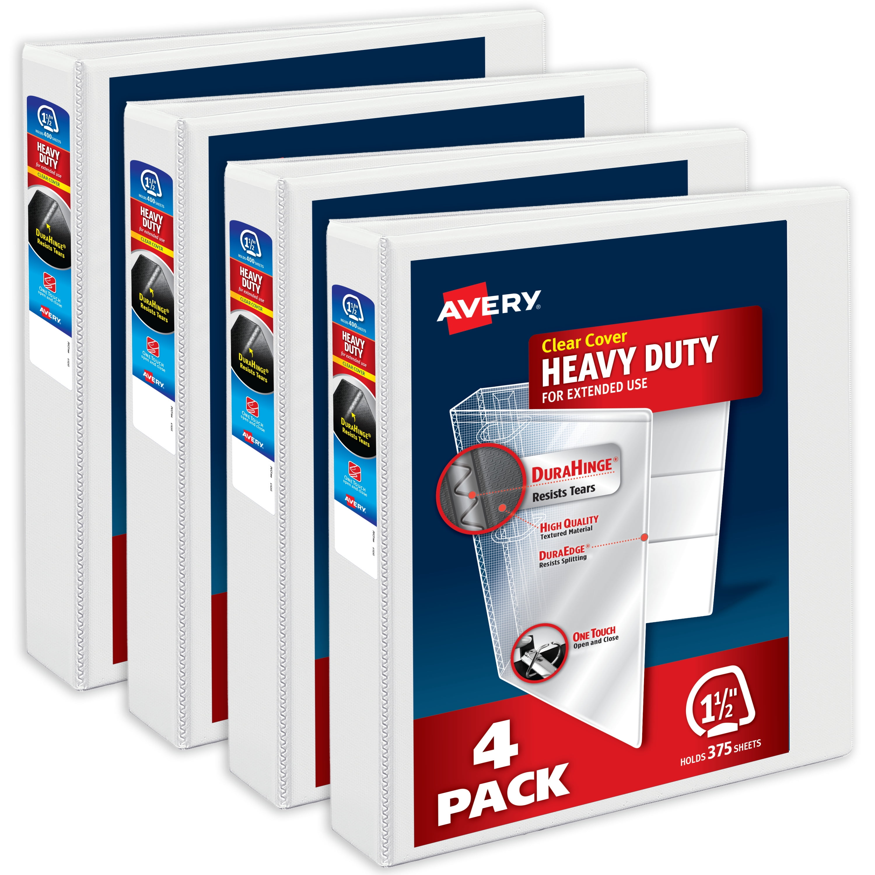 "Avery Heavy-Duty Binders, 1.5"" Slant Rings, 4 Pack, White, Tear ...