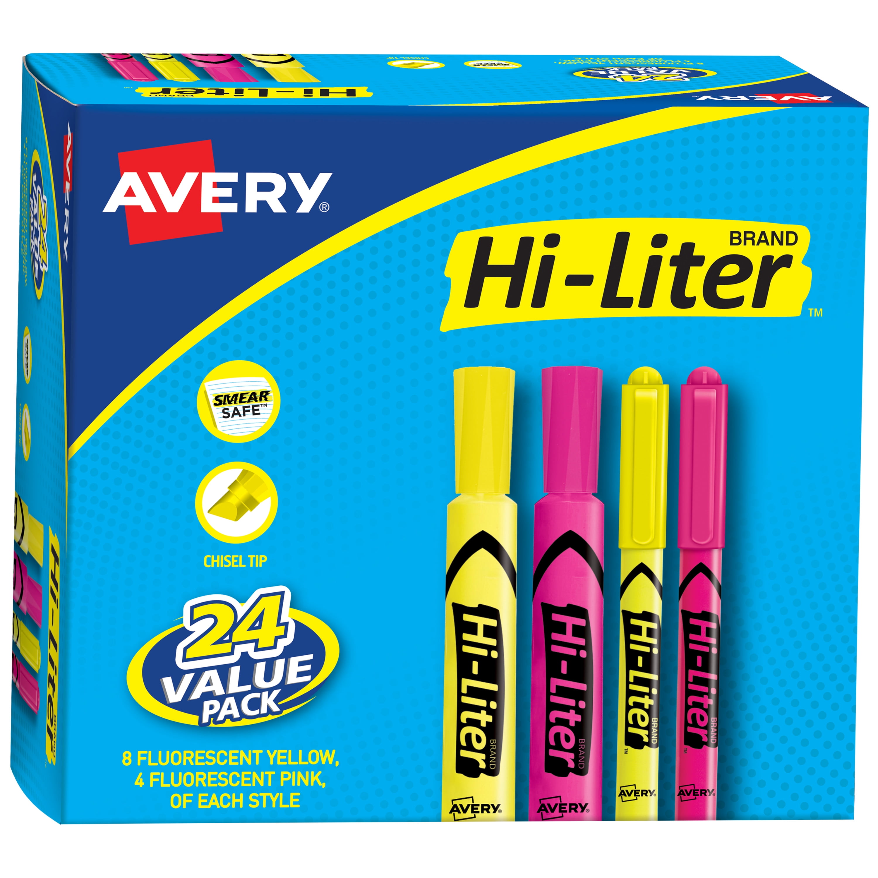Avery Hi-Liter Desk/Pen-Style Combo Pack, SmearSafe, Chisel Tip, 24 ...