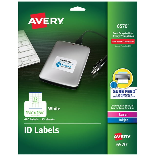 Avery ID Labels, Sure Feed Technology, Permanent Adhesive, 1-1/4" x 1-3 ...