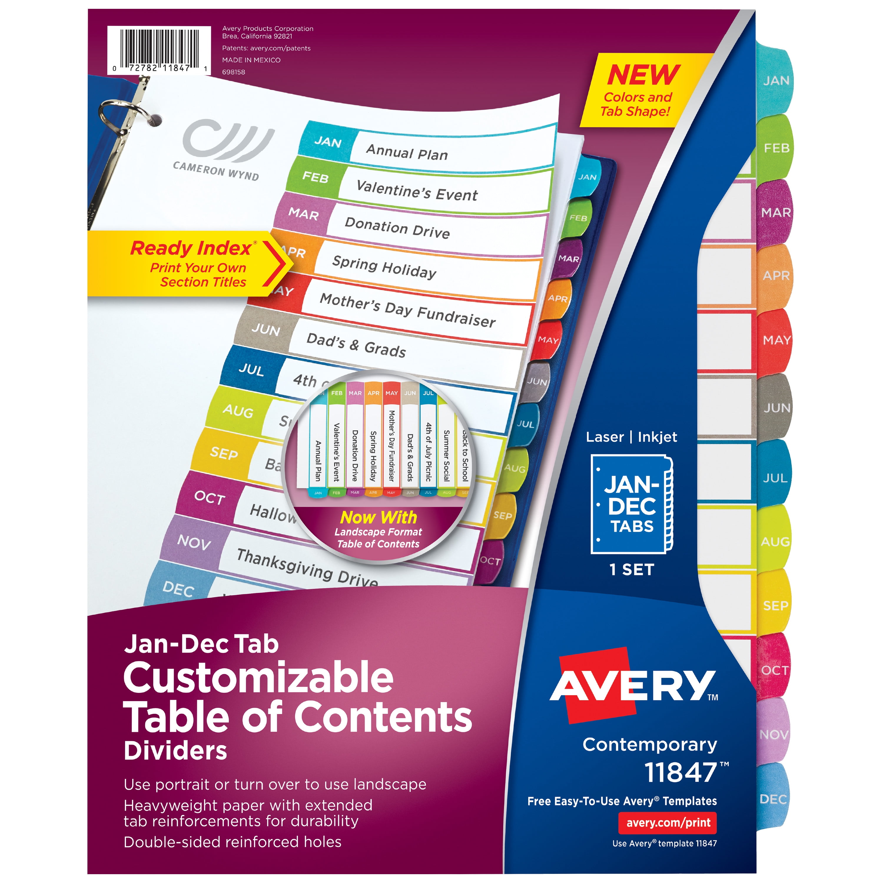 Avery Jan-Dec Customizable Table of Contents Dividers, 12-Tab Set ...