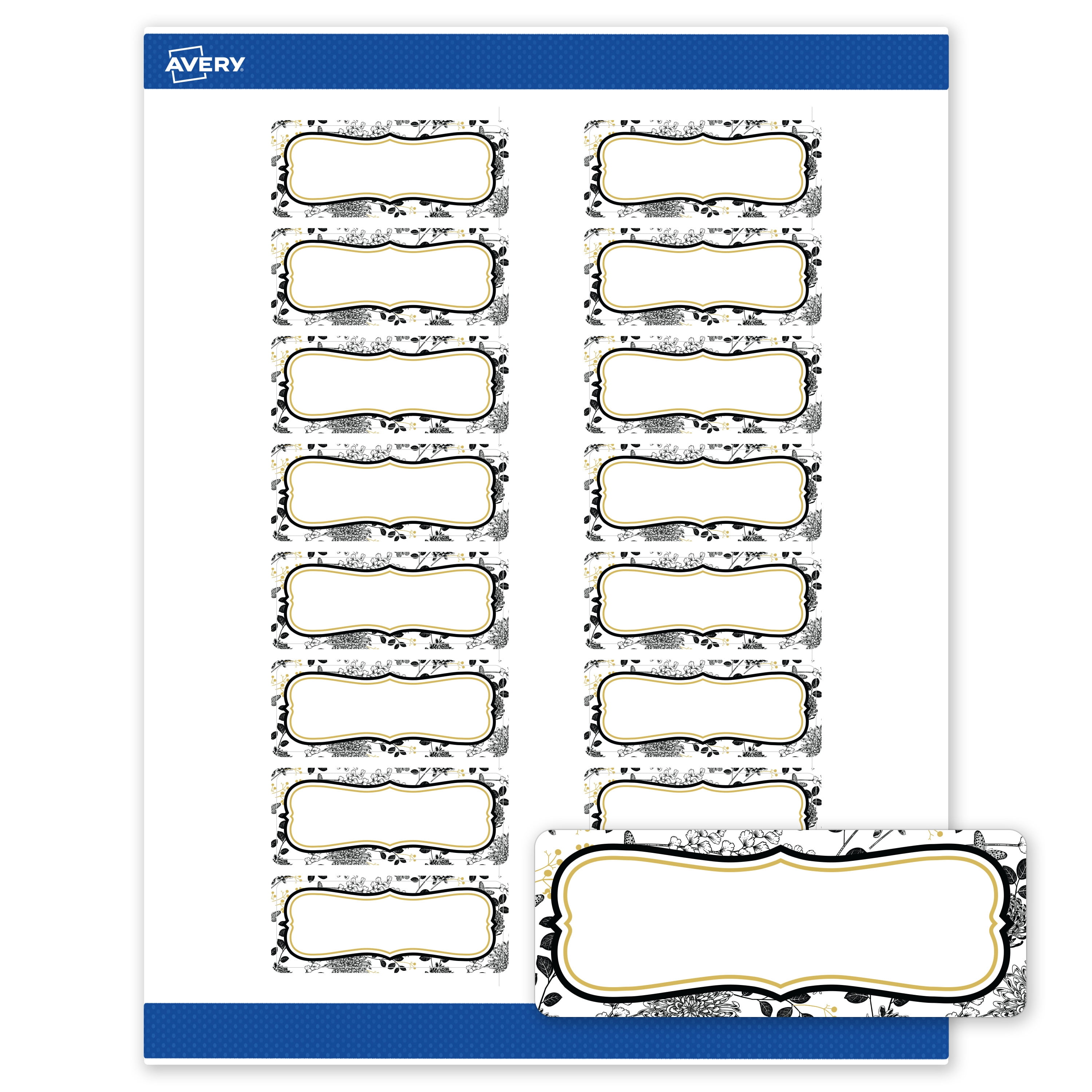 Avery Labels, 1" x 2-5/8", Gold Flourish & Black Florals, Matte ...