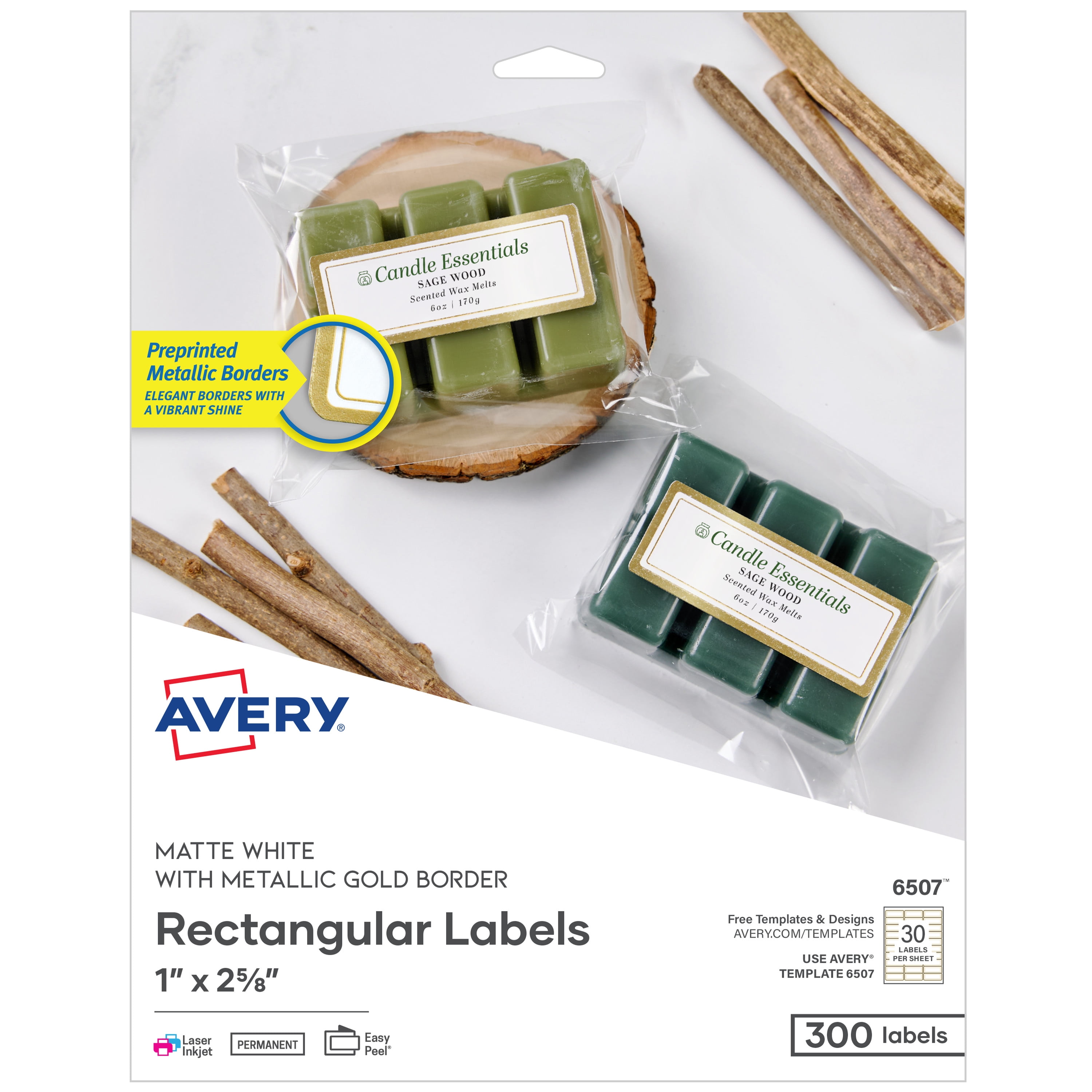 Avery Labels with Metallic Gold Borders, 1" x 2-5/8", 300 Ct (6507 ...