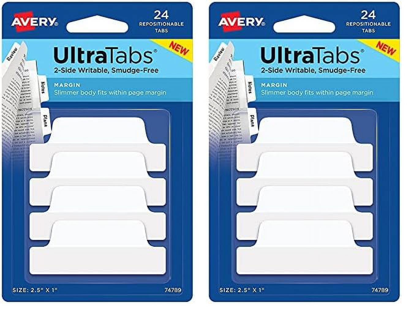 Avery Margin Ultra Tabs, 2.5" x 1", 2-Side Writable, White, 24 ...