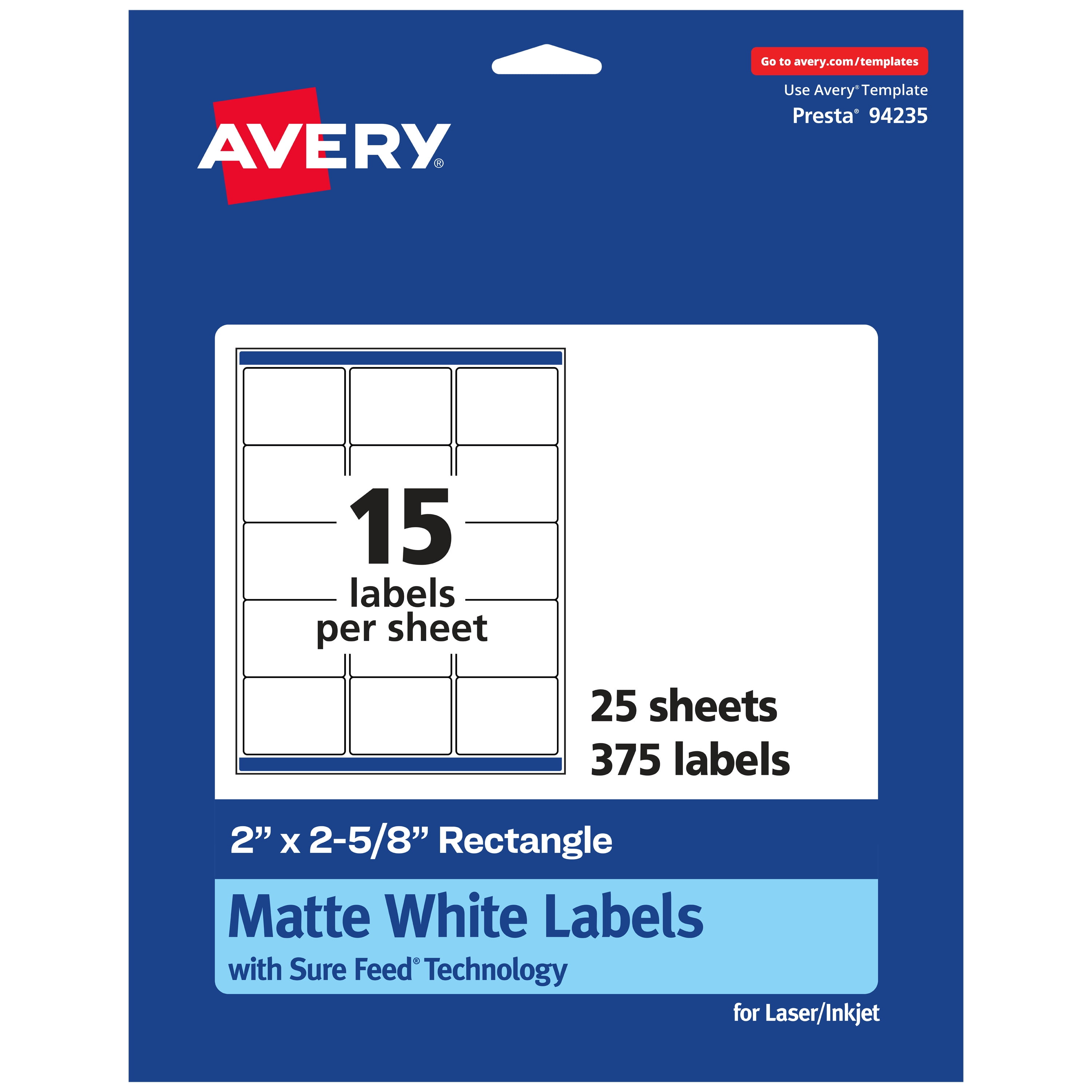 Avery Matte White Rectangle Labels with Sure Feed, 2" x 2-5/8", 375 ...