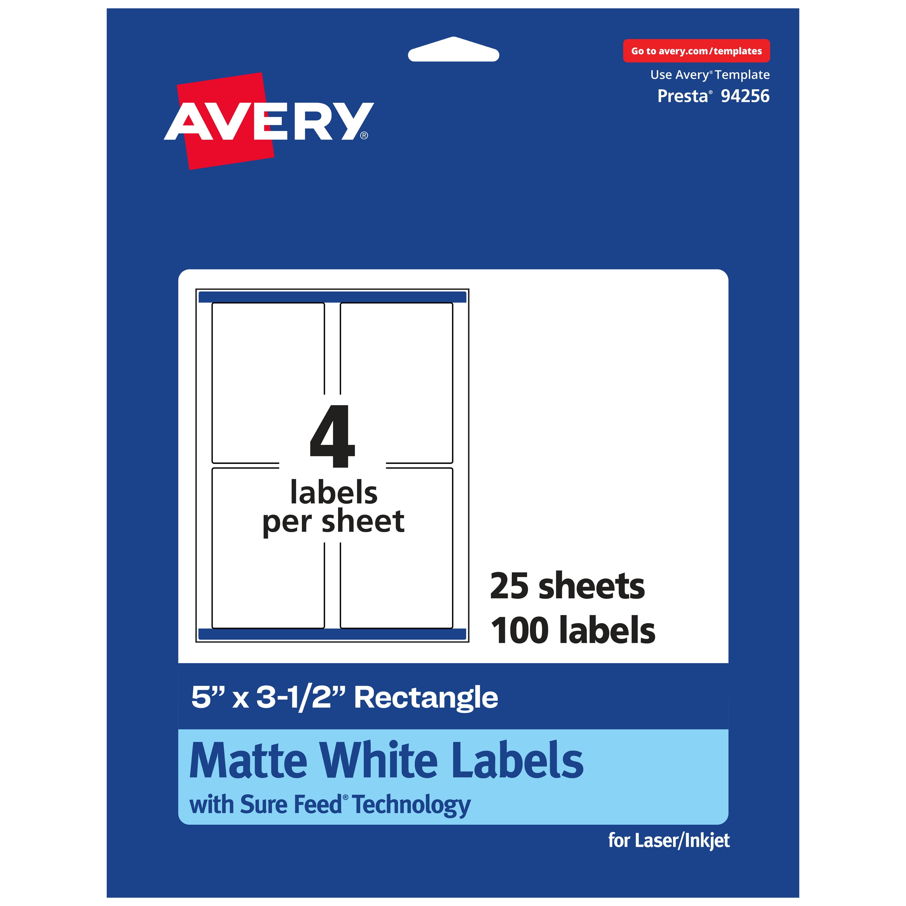 Avery Matte White Rectangle Labels with Sure Feed, 5" x 3.5", 100 Matte ...