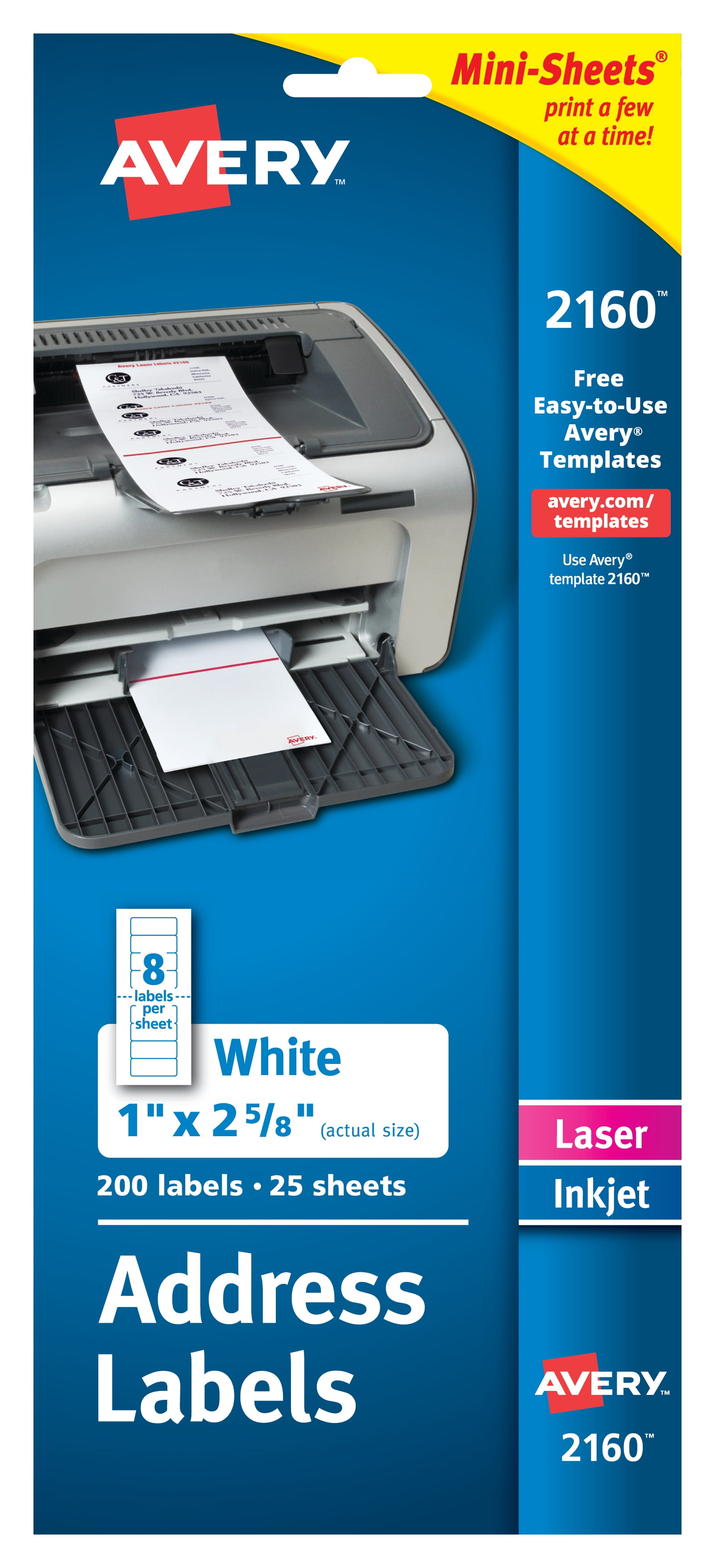 Avery 2160 Mini-Sheet Address Labels, Laser/Inkjet, 1 x 2-5/8, White ...