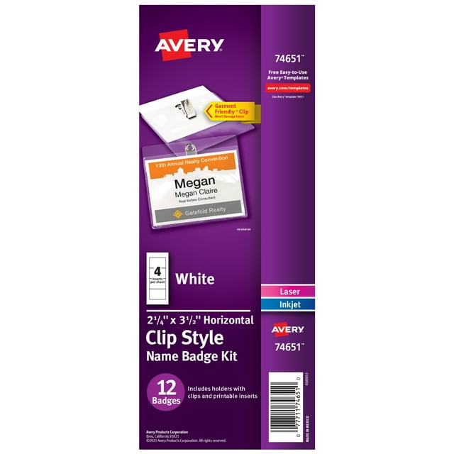 Avery Name Badges with Clips, 2.25" x 3.5", 12 Badges (74651) - Walmart.com