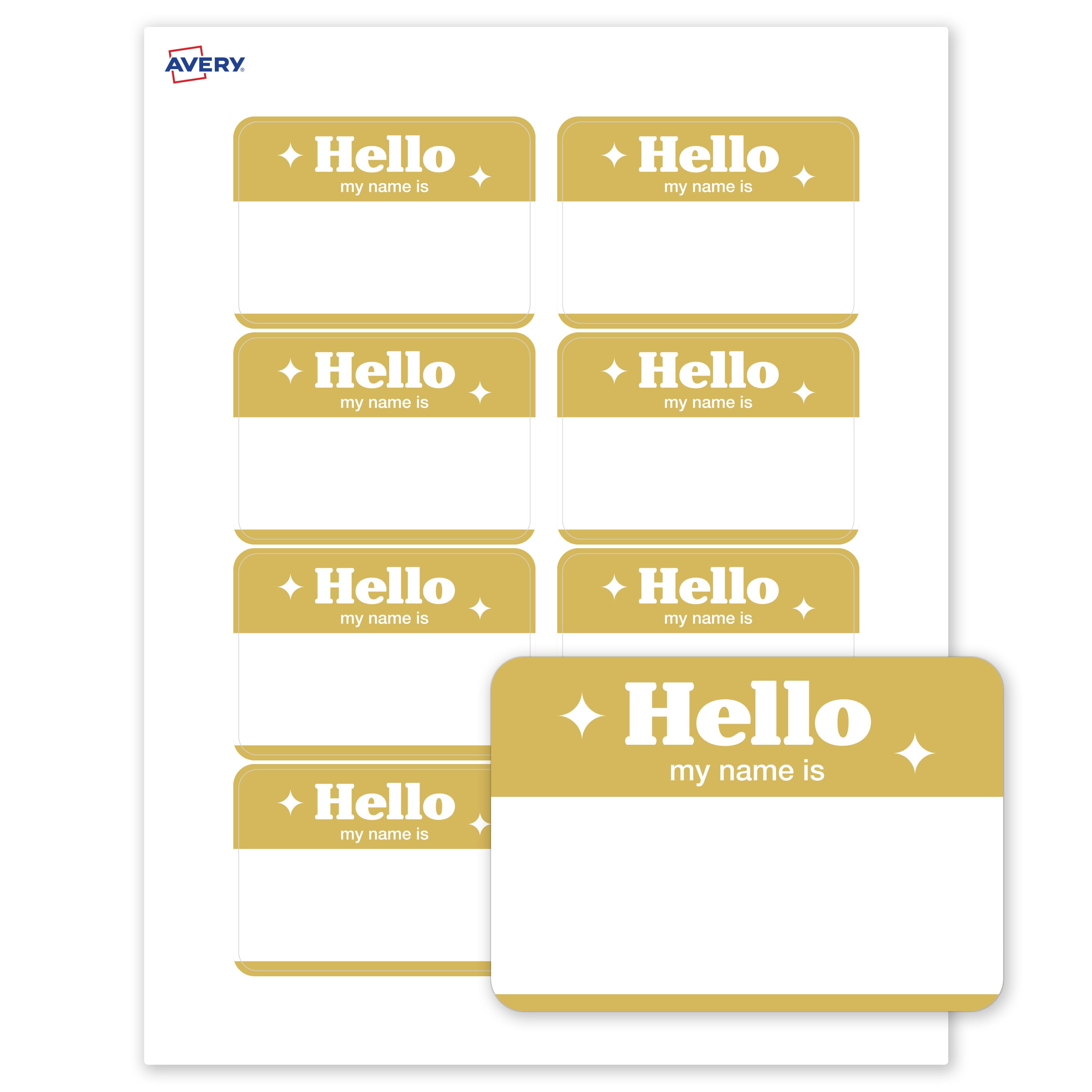 Avery Name Tags, 2-1/3" x 3-3/8", Matte White, Gold Hello My Name Is ...