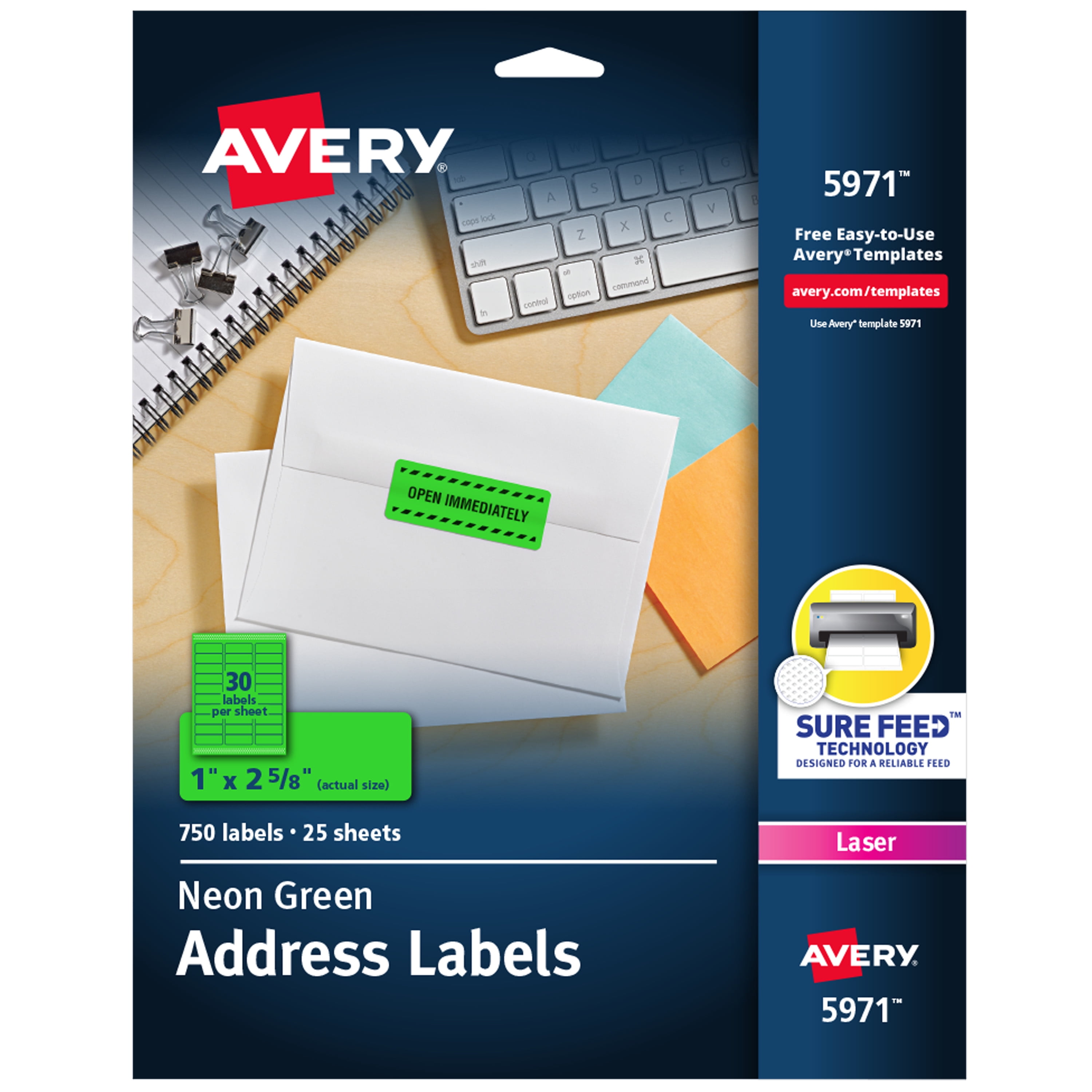 Avery Neon Address Labels with Sure Feed for Laser Printers, 1" x 2 5/8 ...