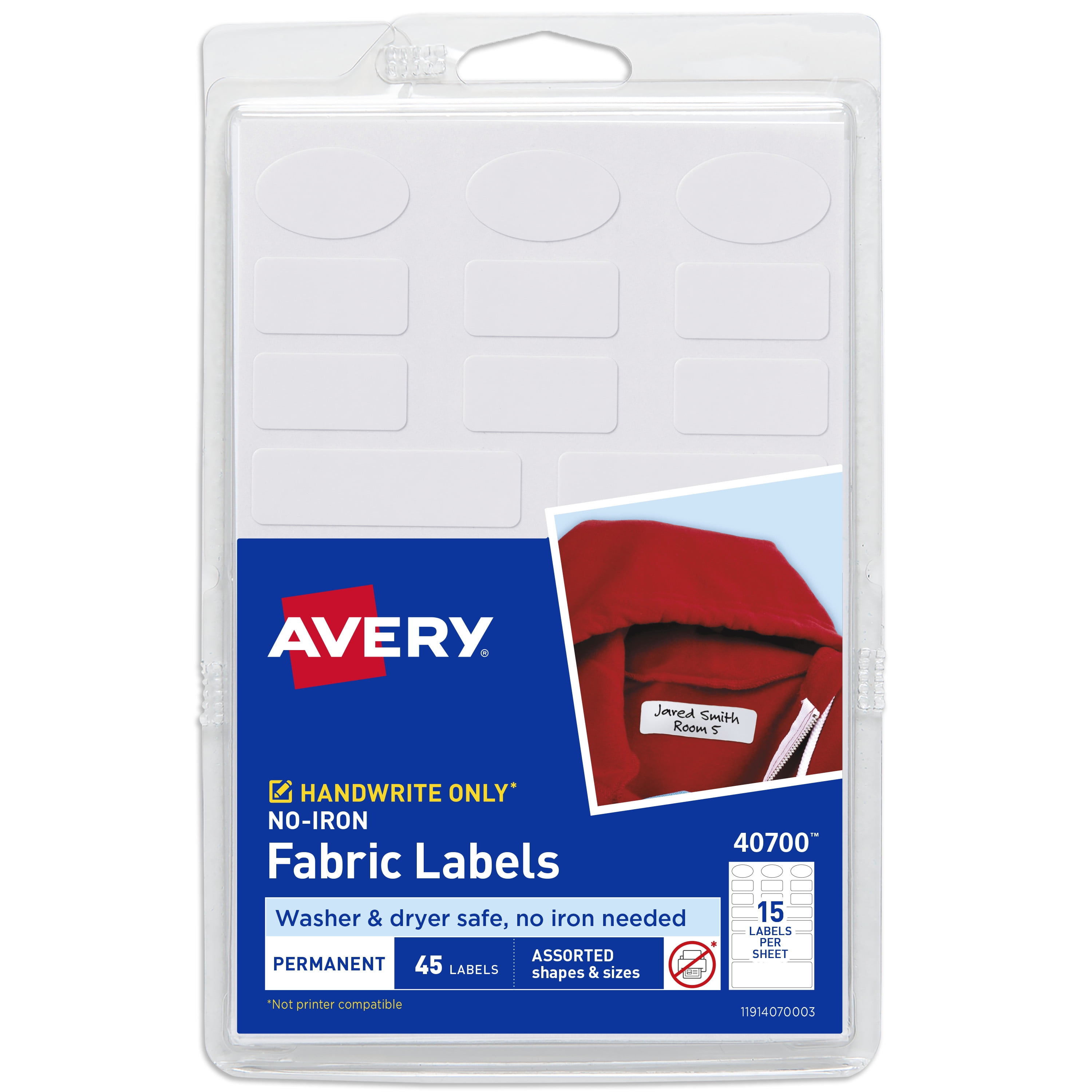 Avery, Fabric Labels, 45ct, Assorted Shapes, No-Iron Waterproof ...