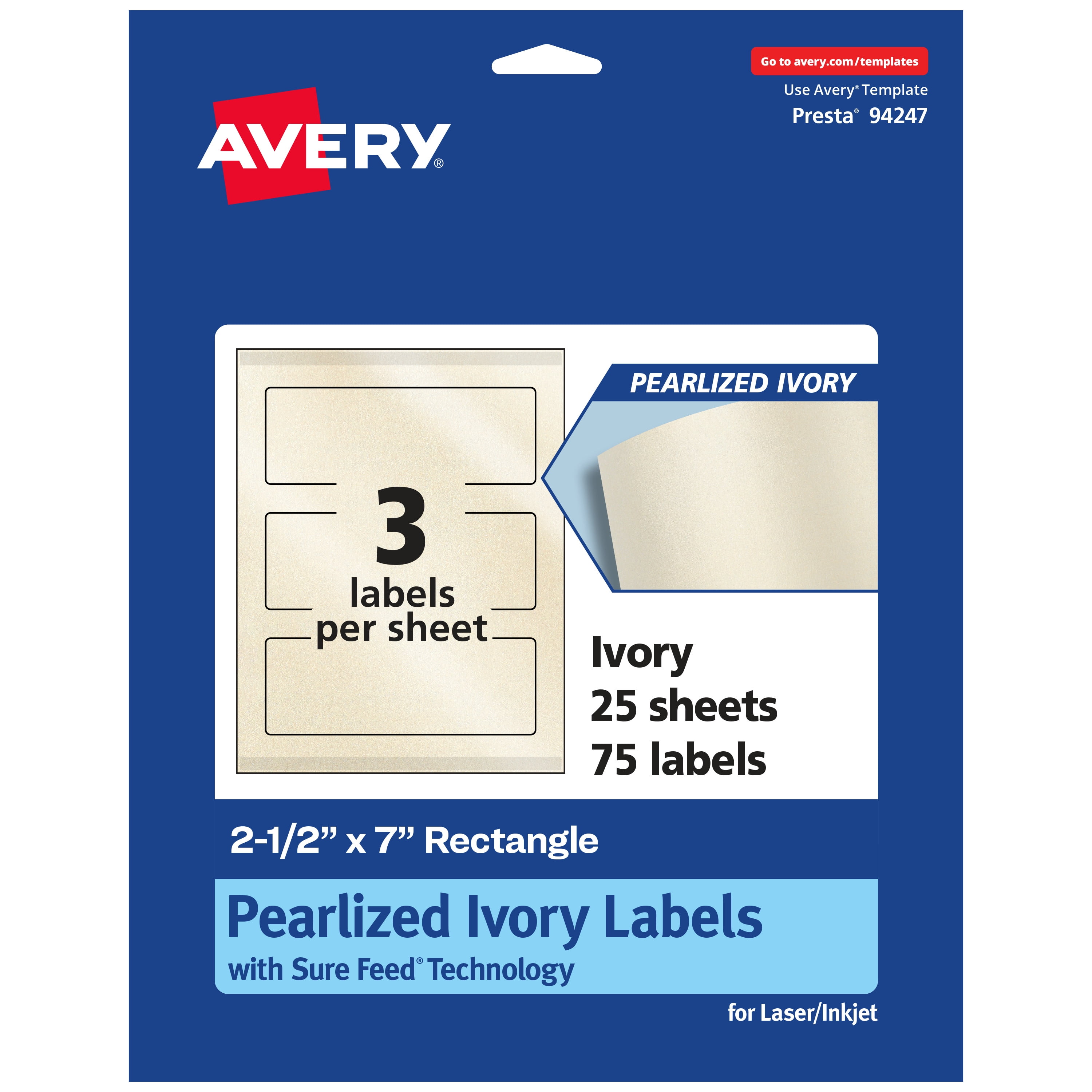 Avery Pearlized Ivory Rectangle Labels, 2.5" x 7", 75ct - Walmart.com