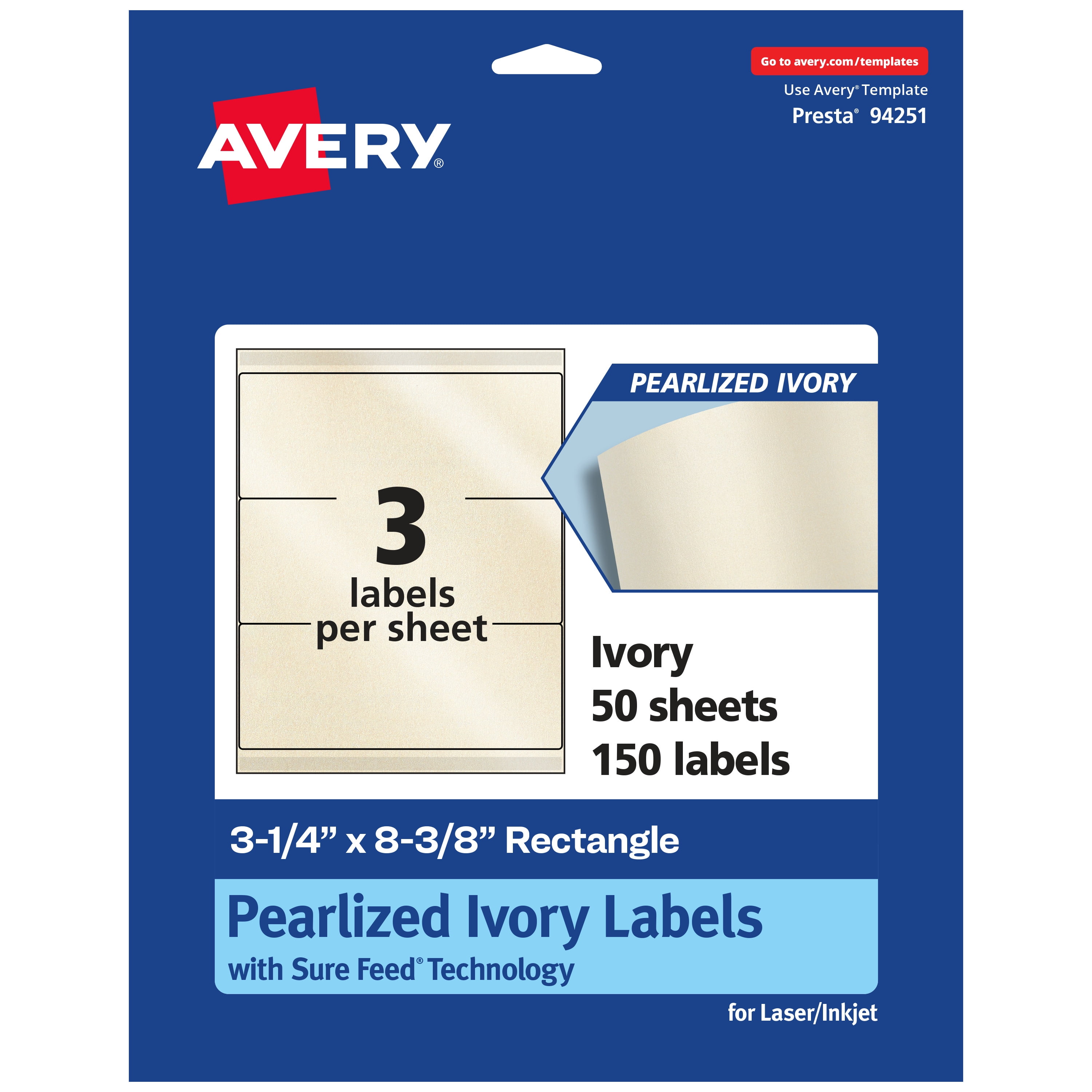 Avery Pearlized Ivory Rectangle Labels, 3-1/4" x 8-3/8", 150ct ...