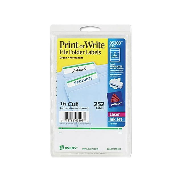 Avery Print or Write File Folder Labels, 11/16 x 3 7/16, White/Green ...