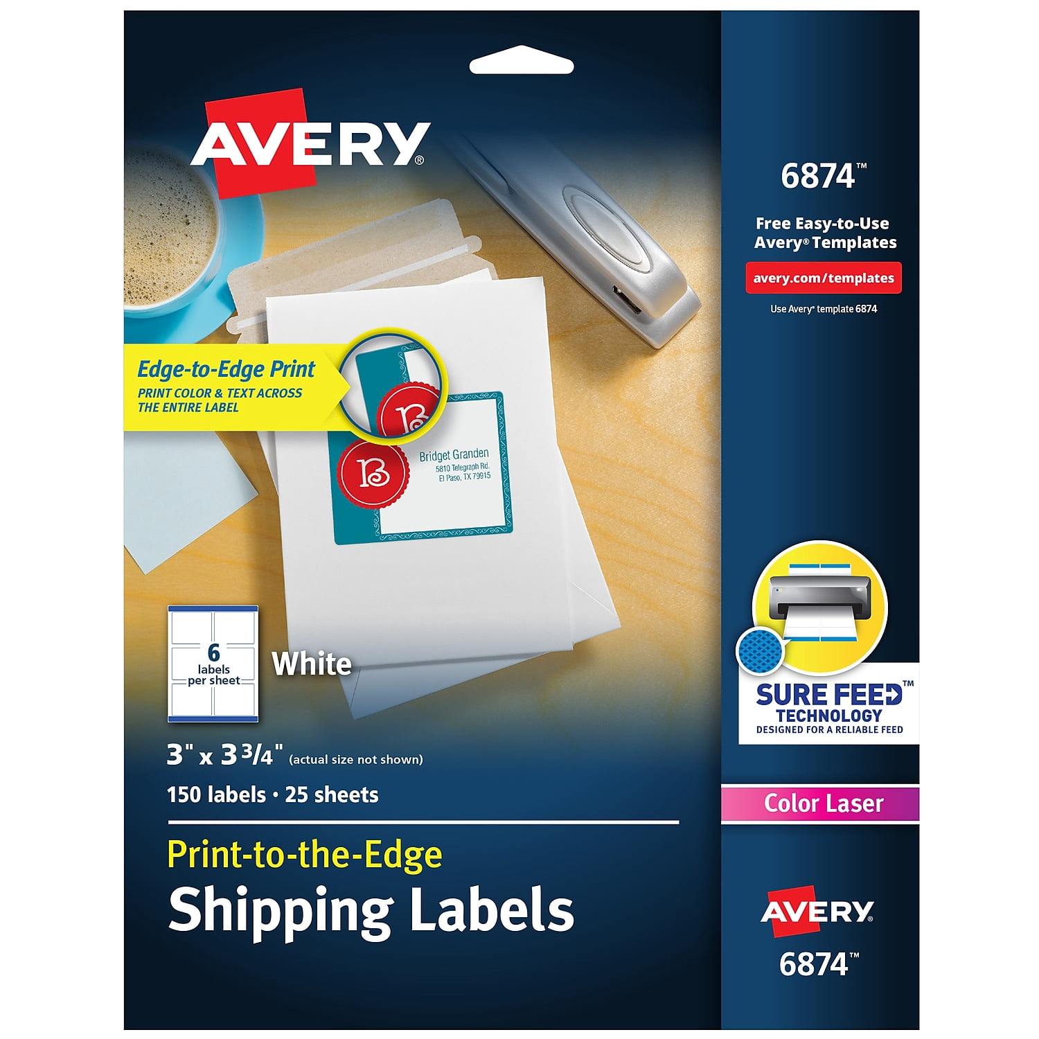Avery Print-to-the-Edge Color Laser Shipping Labels 3" x 3-3/4" White 6 ...