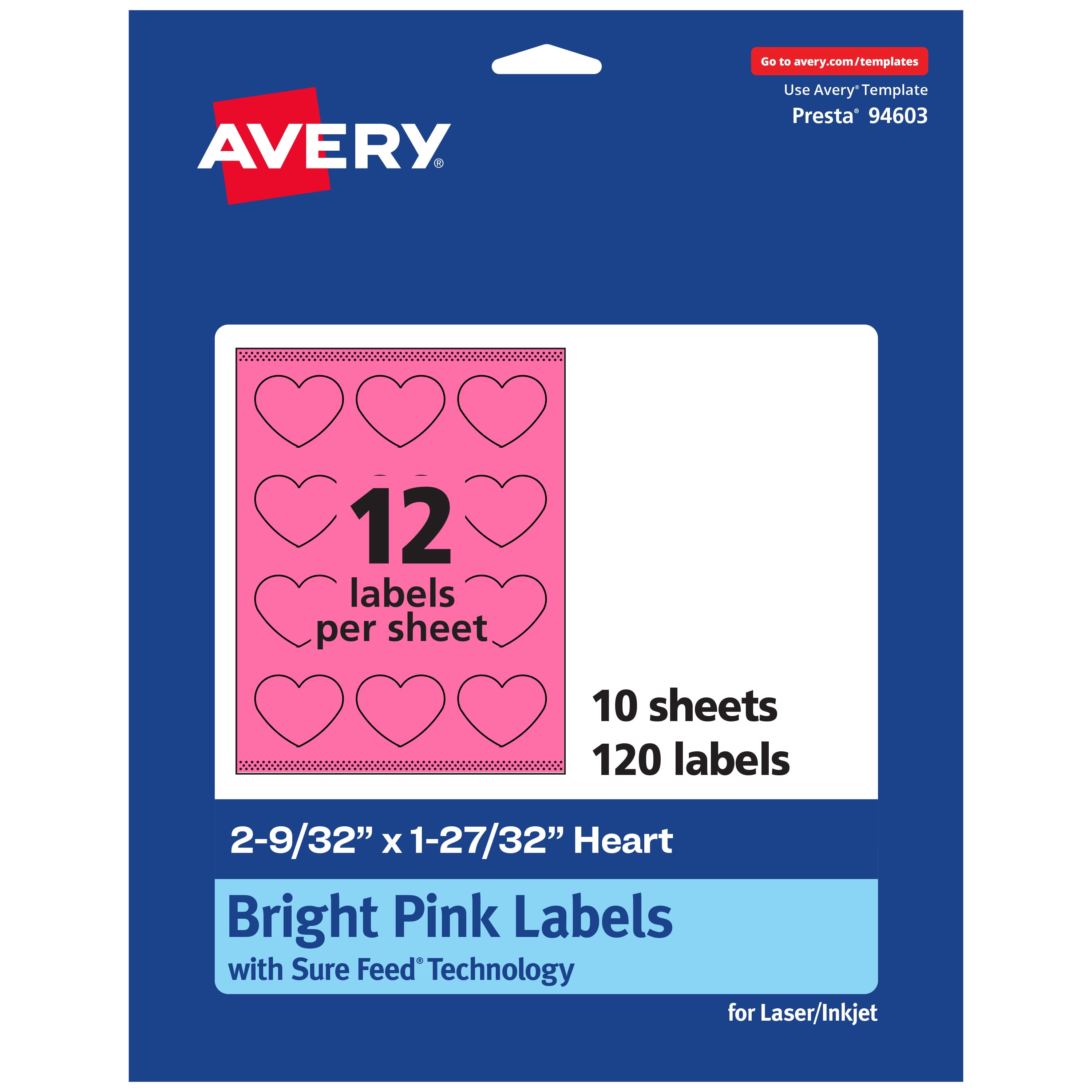 Avery Printable Heart Labels, Bright Pink, 2-9/32" x 1-27/32", 120ct ...