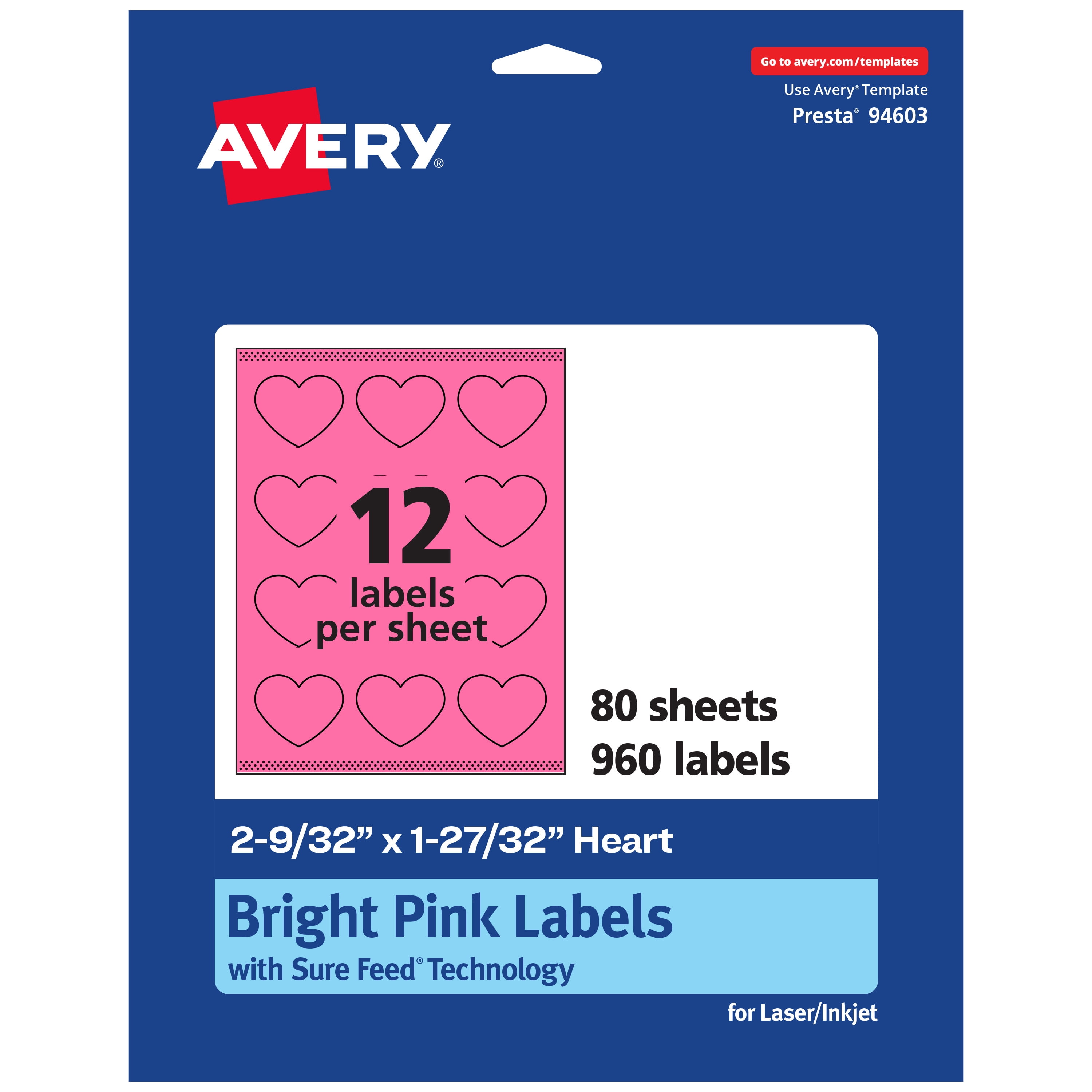 Avery Printable Heart Labels, Bright Pink, 2-9/32