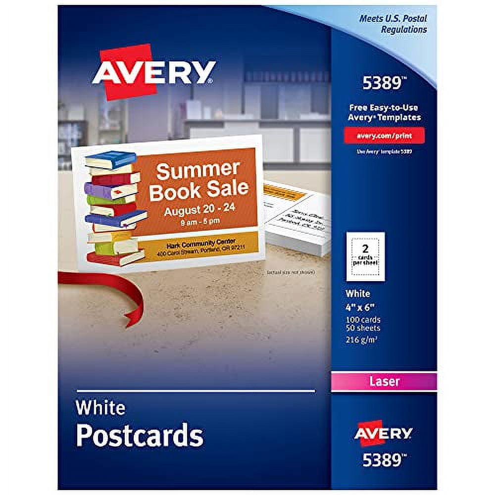 Avery Printable Postcards Laser, 80 lb, 4 x 6, Uncoated White, 100 ...