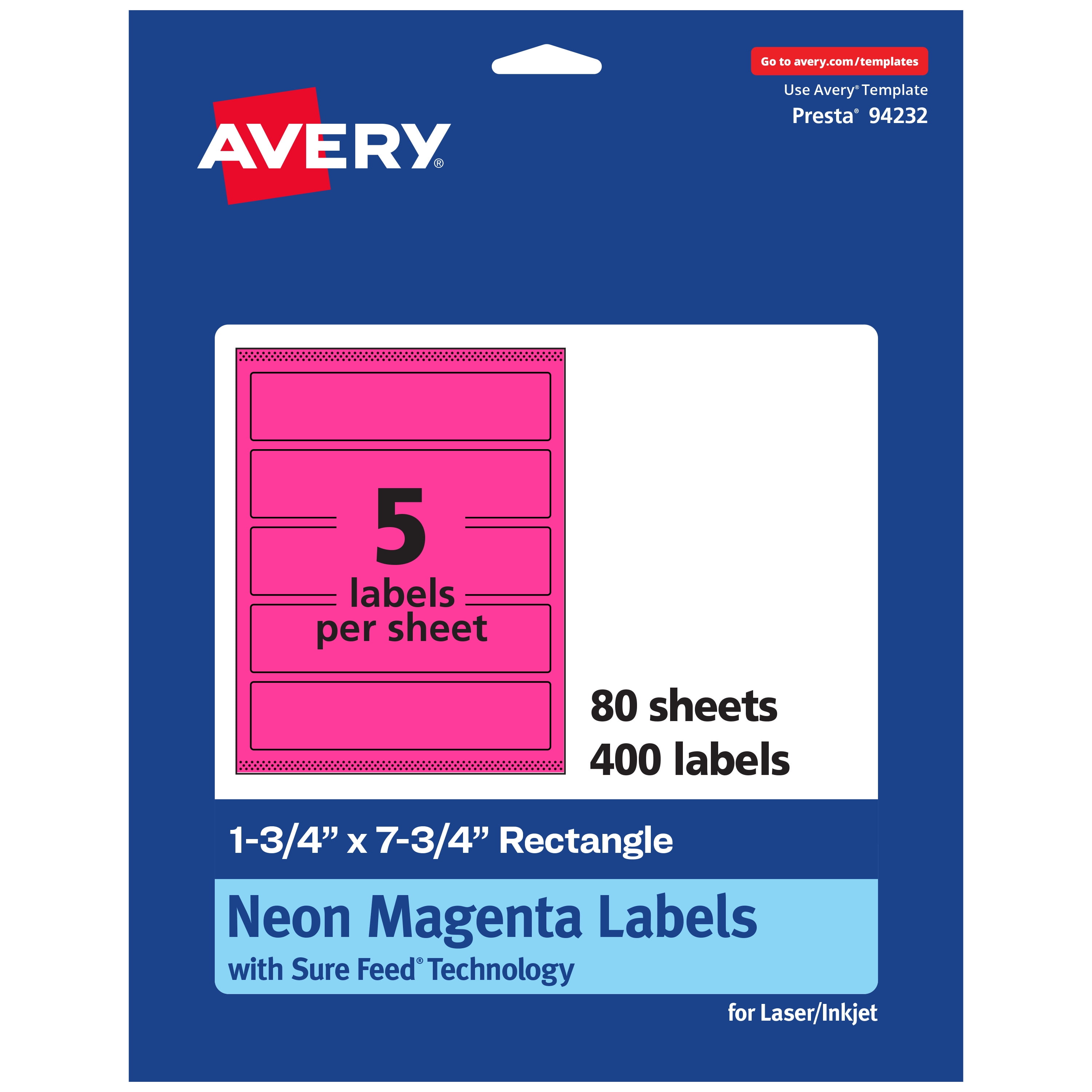 Avery Printable Rectangle Labels, Neon Magenta, 1.75" x 7.75", 400ct ...
