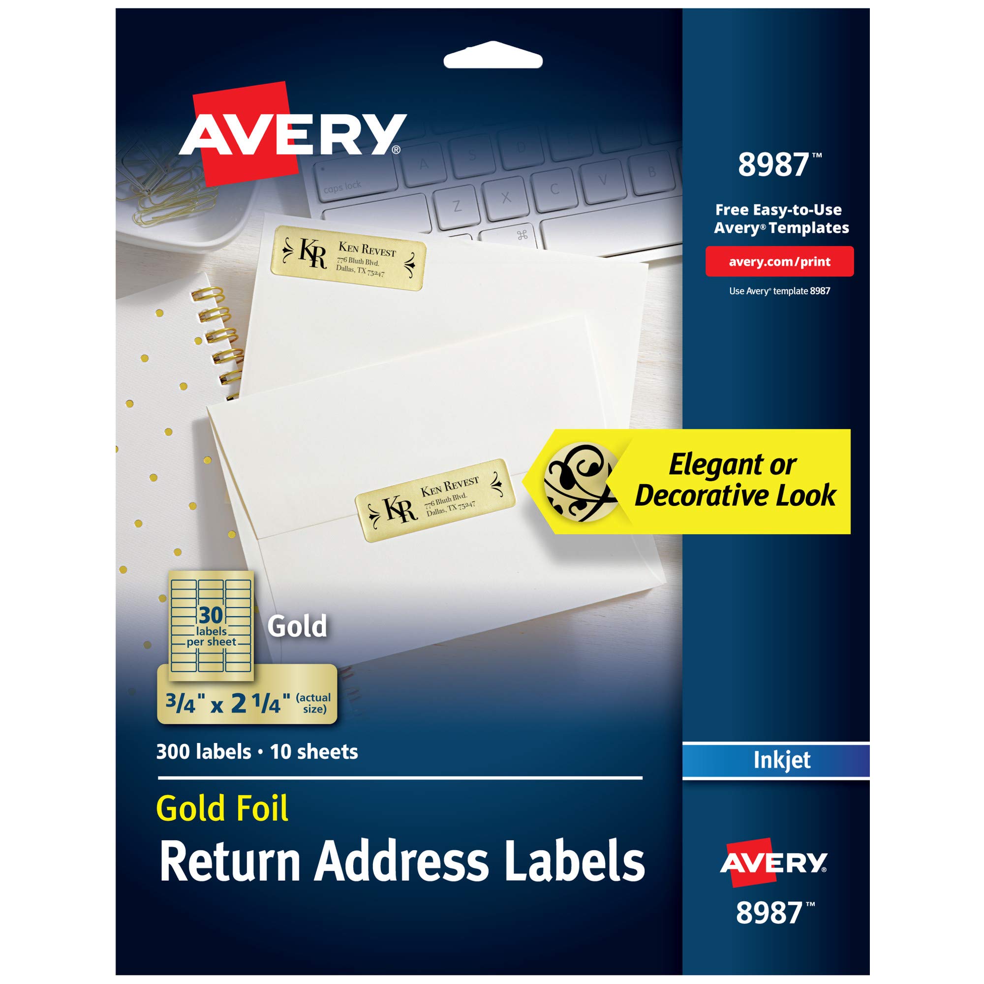 Avery Printable Return Address Labels, 0.75" x 2.25", Gold Foil, 300 ...