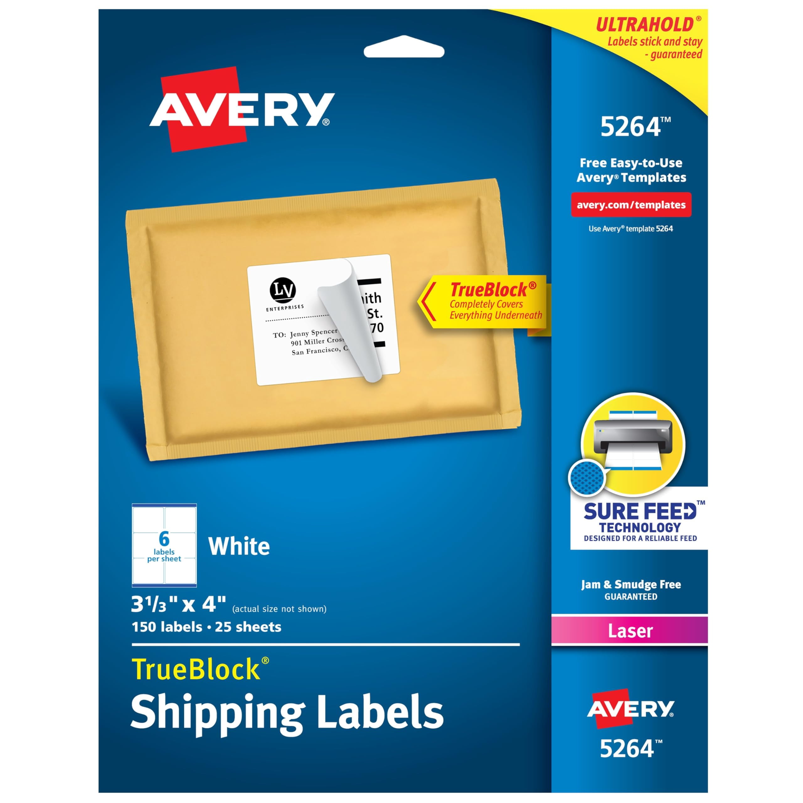 Avery Printable Shipping Labels with Sure Feed, 3-1/3" x 4", White, 150 ...