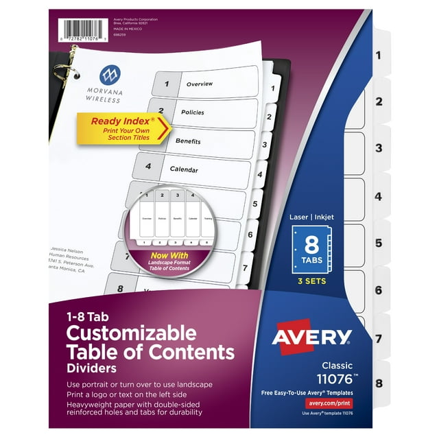 Avery Ready Index 8 Tab Dividers, Customizable TOC, 3 Sets (11076 ...