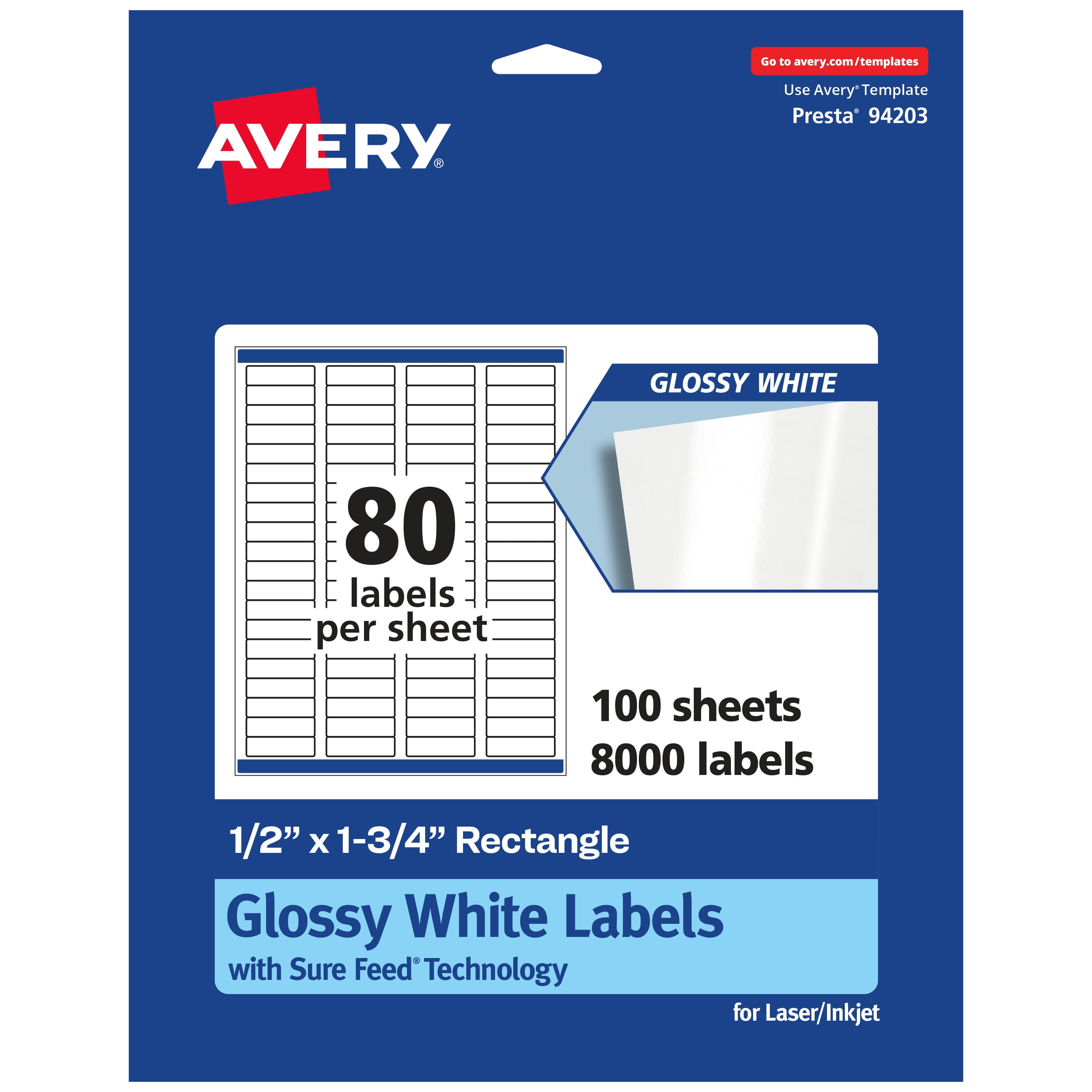 Avery Rectangle Labels with Sure Feed, 0.5" x 1.75", 8,000 Glossy White ...