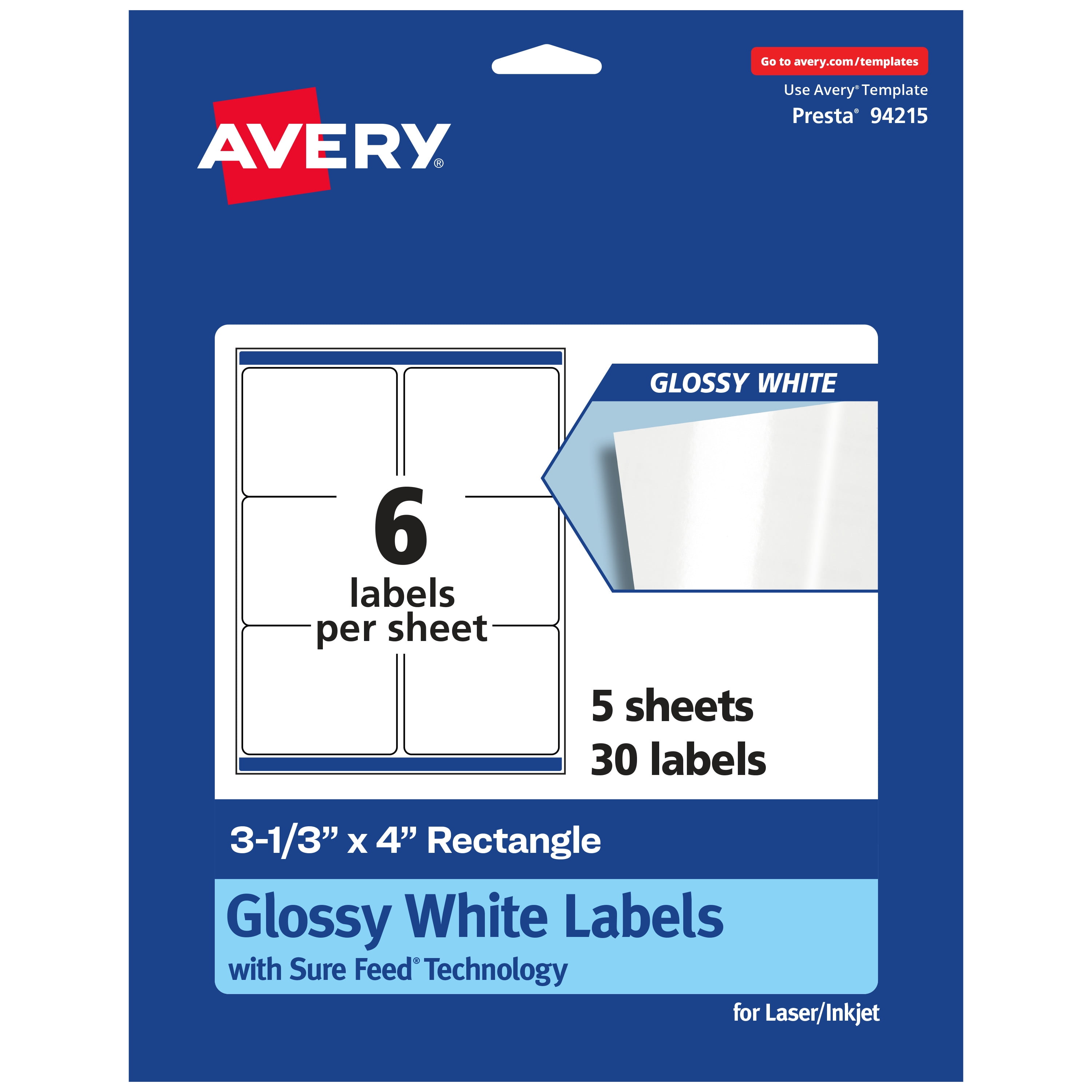 Avery Rectangle Labels with Sure Feed, 3-1/3" x 4", 30 Glossy White ...