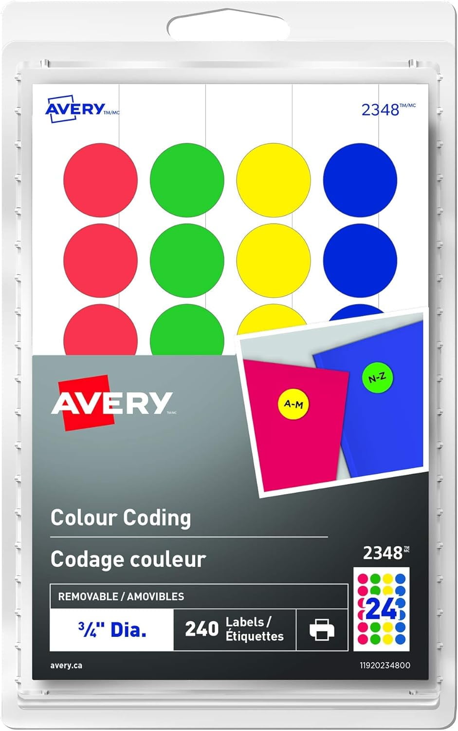Avery Removable Colour Coding Round Labels, 3/4" Diameter, Assorted Blue, Green, Red, and Yellow ...