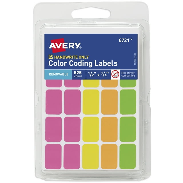 "Avery Self-Adhesive Coding Labels, Neon, Handwrite, 1/2"" x 3/4"", 525 ...