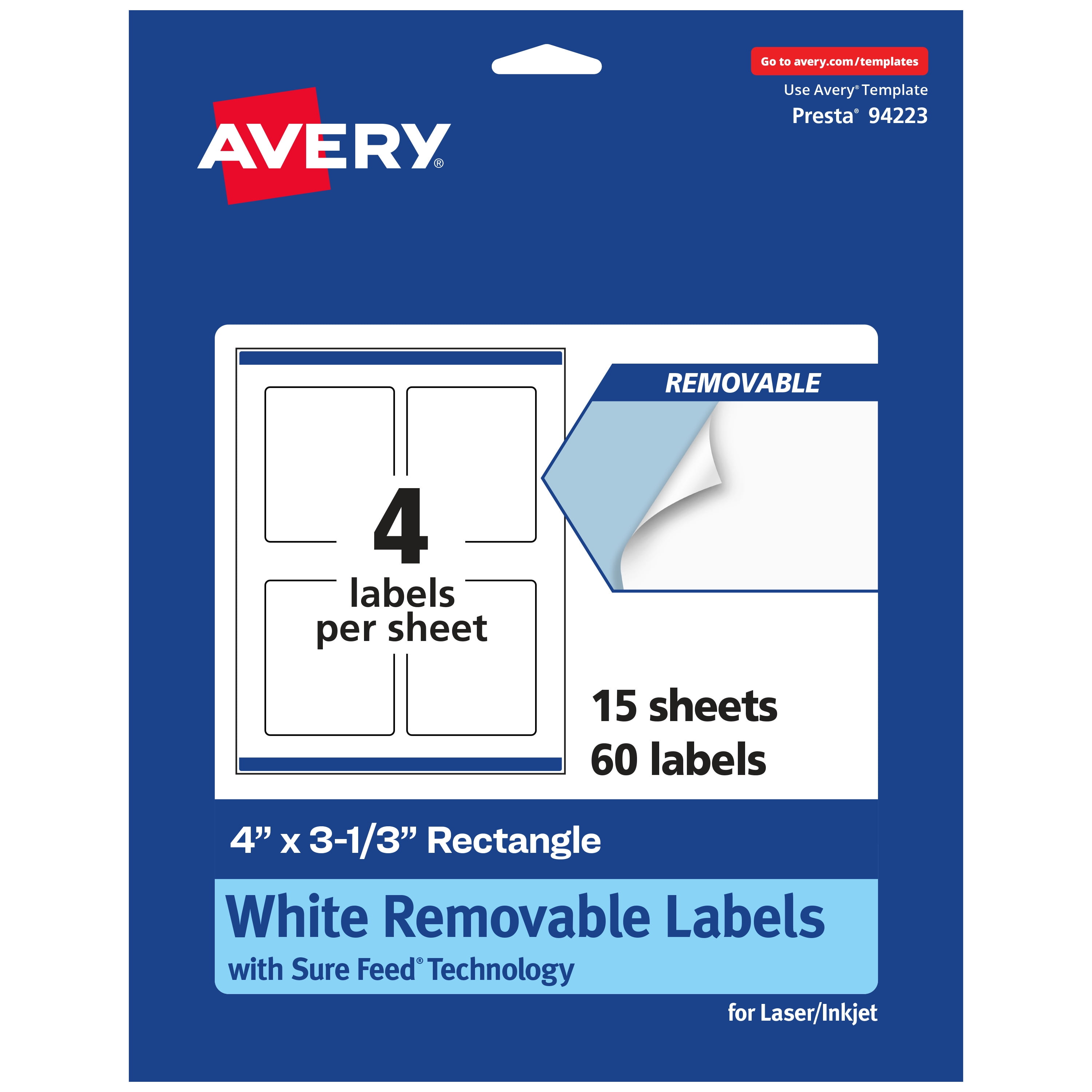 Avery Removable Rectangle Labels, 4" x 3-1/3", 60ct - Walmart.com
