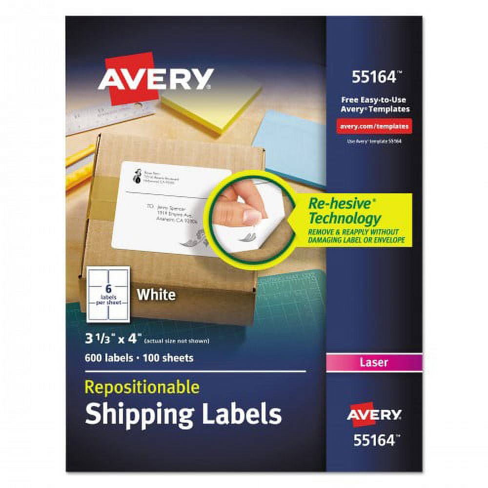 Avery Repositionable Shipping Labels w/SureFeed, Laser, 3.33 x 4, White ...