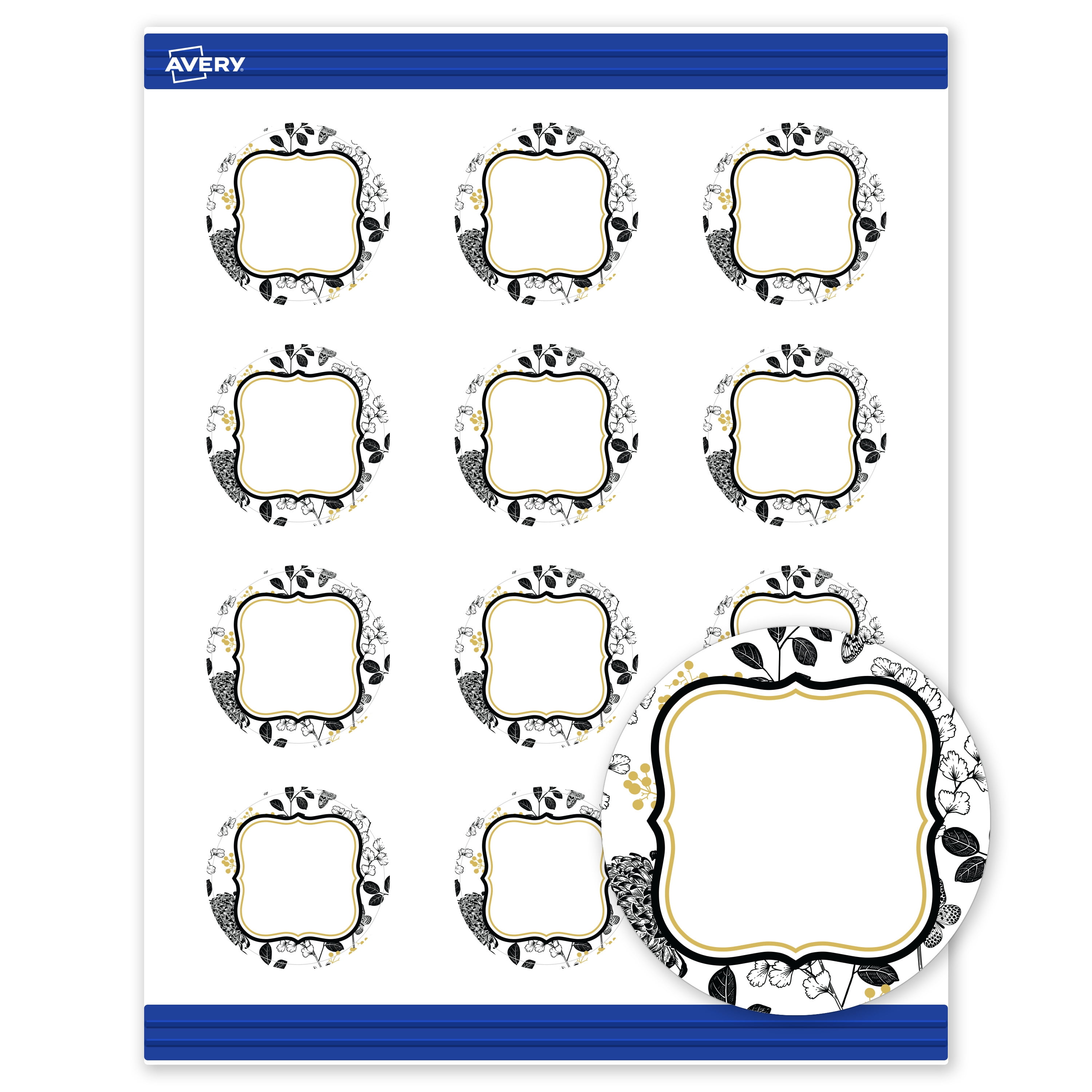 Avery Round Cards, 2", Gold Flourish & Black Florals Design, Matte ...