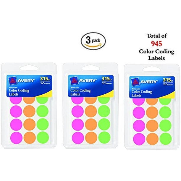 Avery Color-Coding Labels, 0.75in, Removable, Neon 6733, 315 Ct (3 pack ...