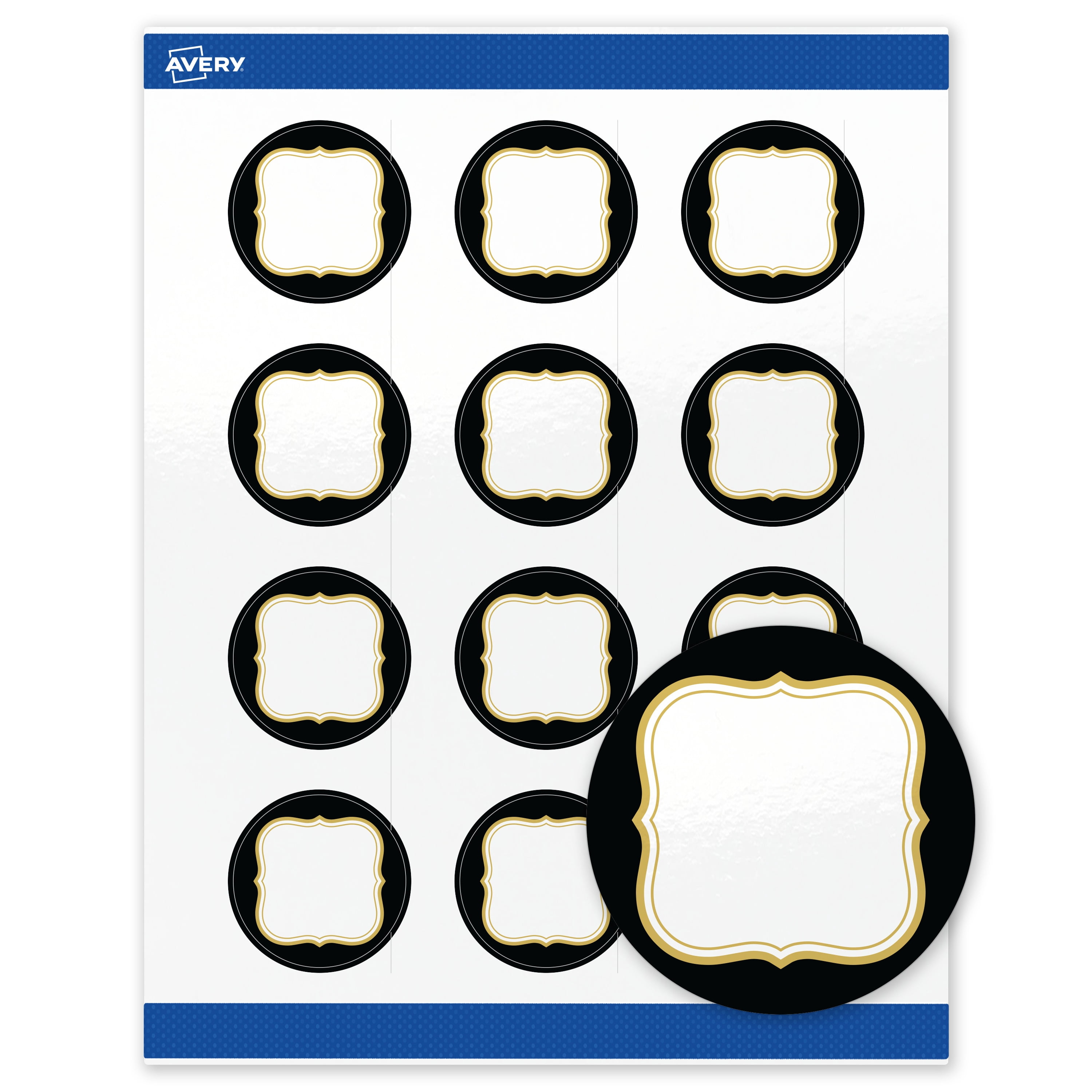 Avery Round Labels, 2", Black with Gold Flourish Design, Glossy ...
