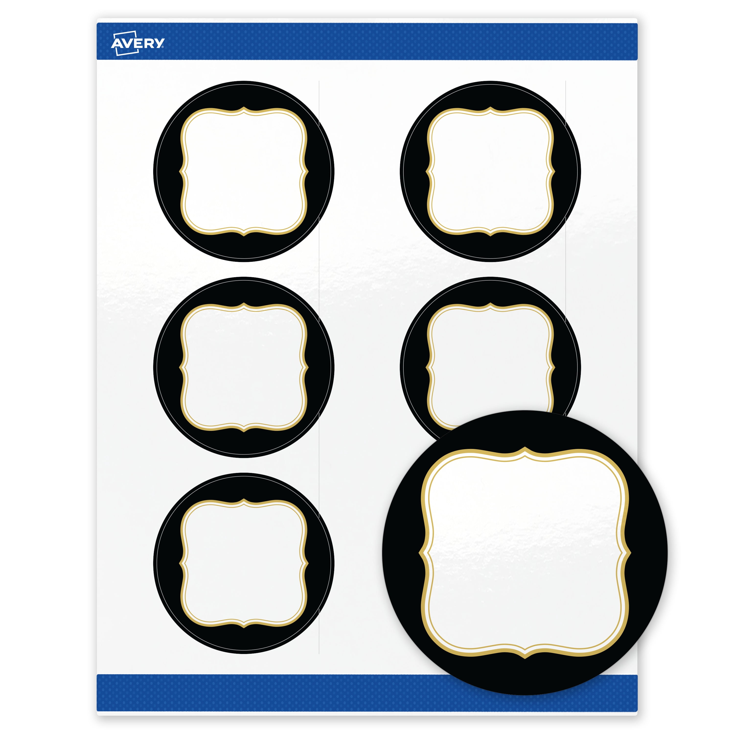 Avery Round Labels, 3", Black with Gold Flourish Design, Glossy ...