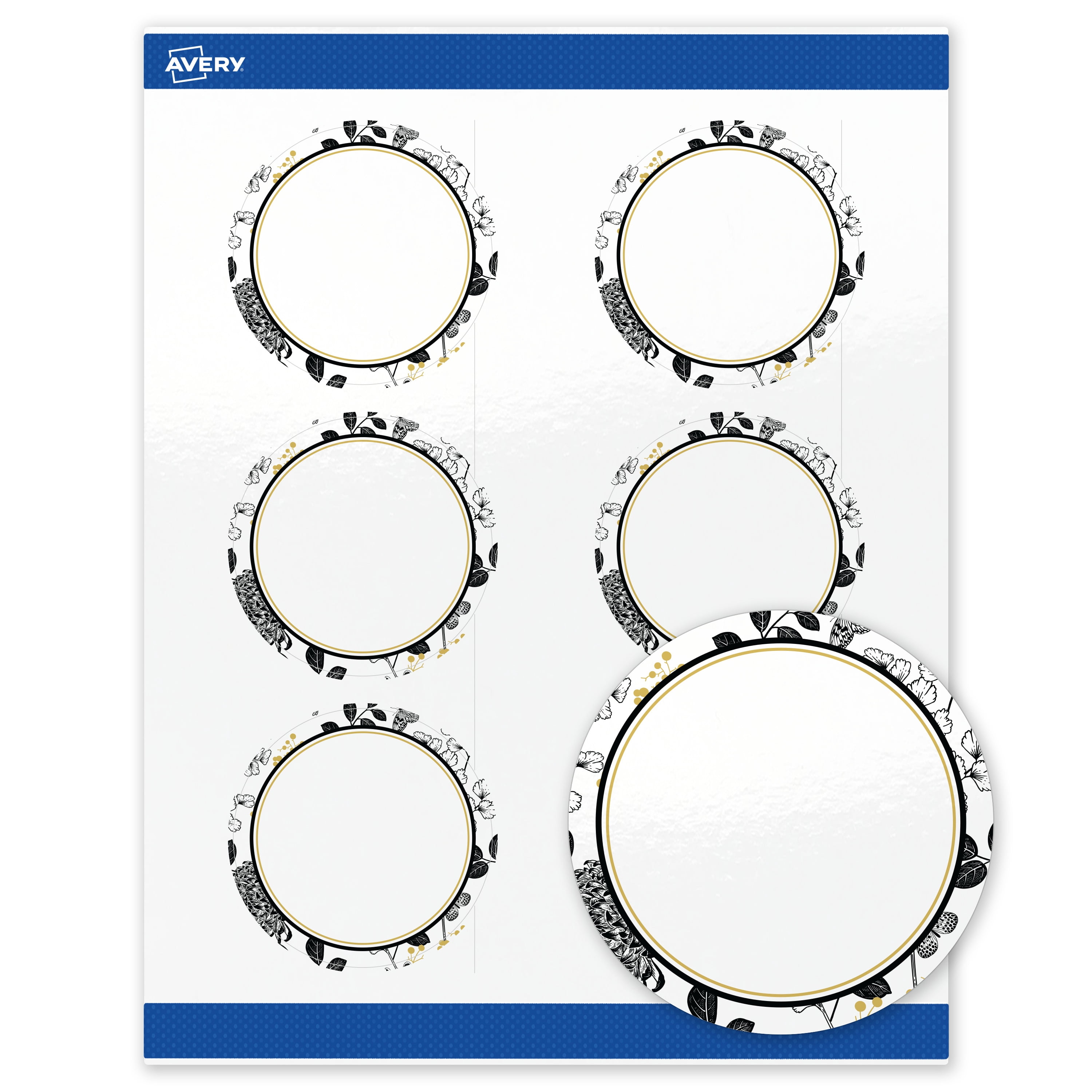 Avery Round Labels, 3", Gold Arch & Black Florals Design, Glossy ...