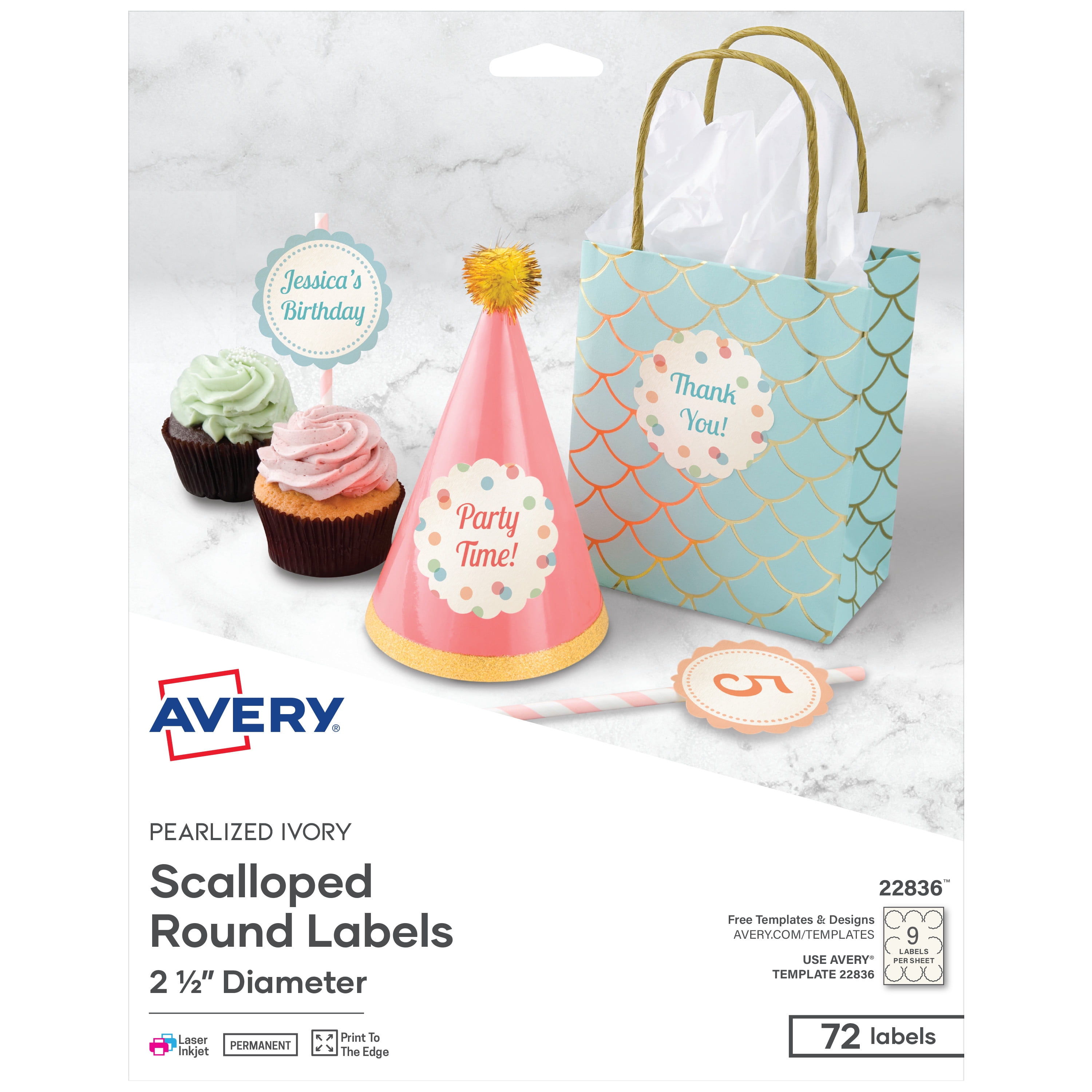 Avery Round Labels, Permanent Adhesive, Pearlized Ivory, Scallop Edge ...