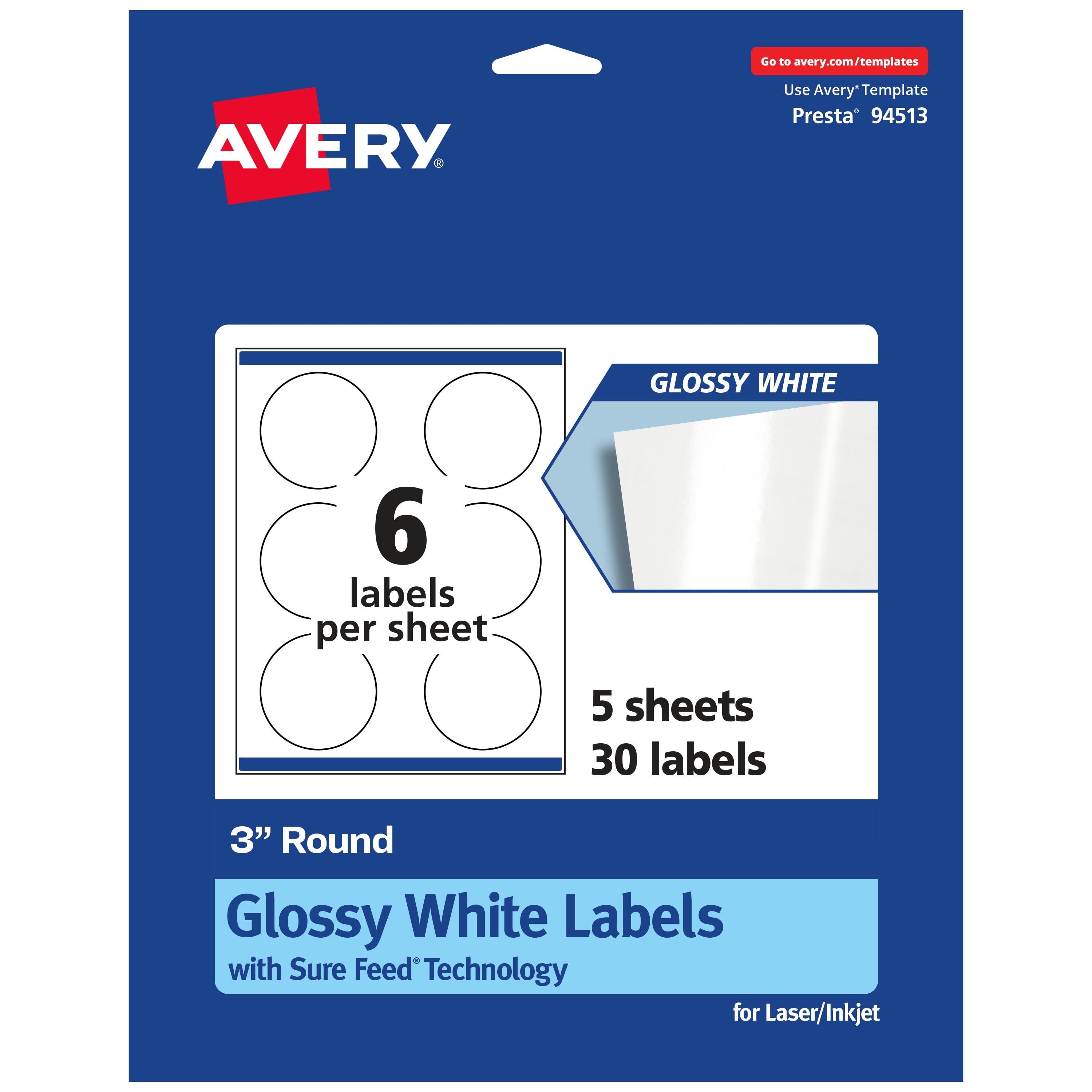 Avery Round Labels with Sure Feed, 3" Diameter, 30 Glossy White Labels ...