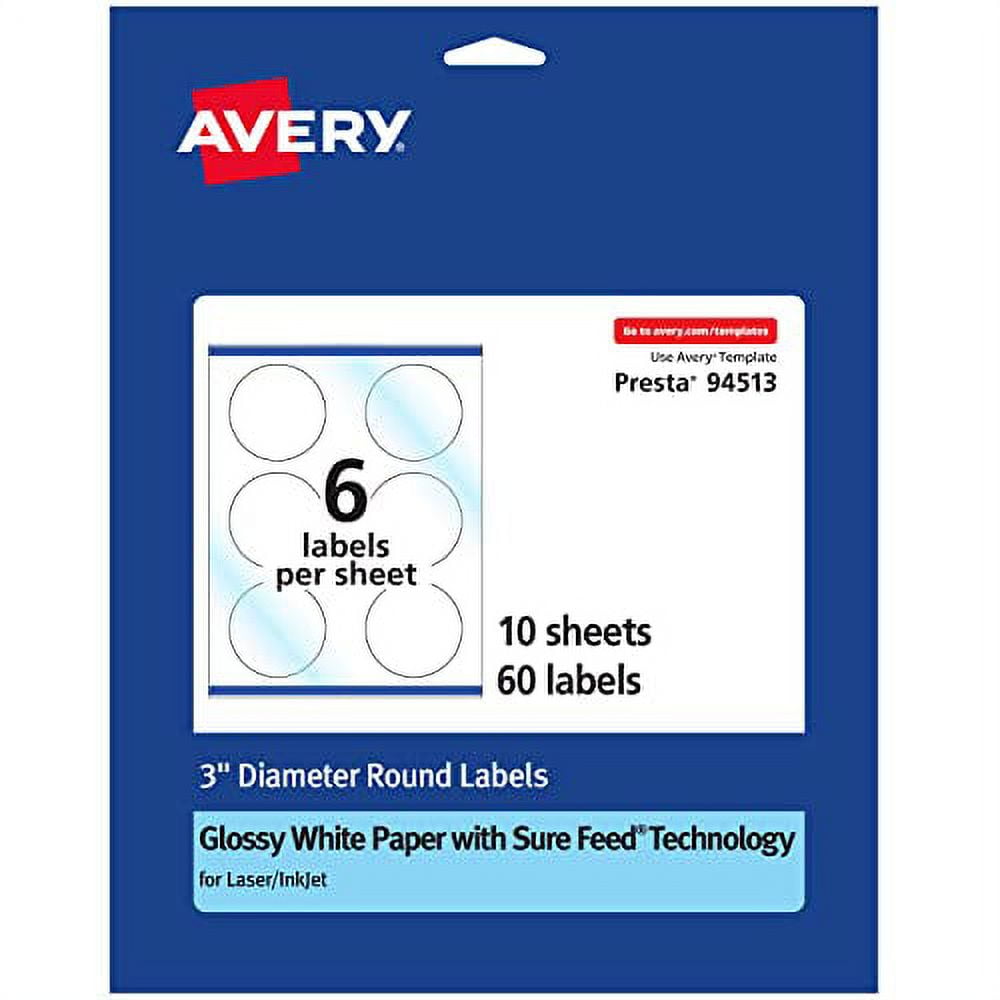 Avery Round Labels with Sure Feed, 3" Diameter, 60 Glossy White Labels ...