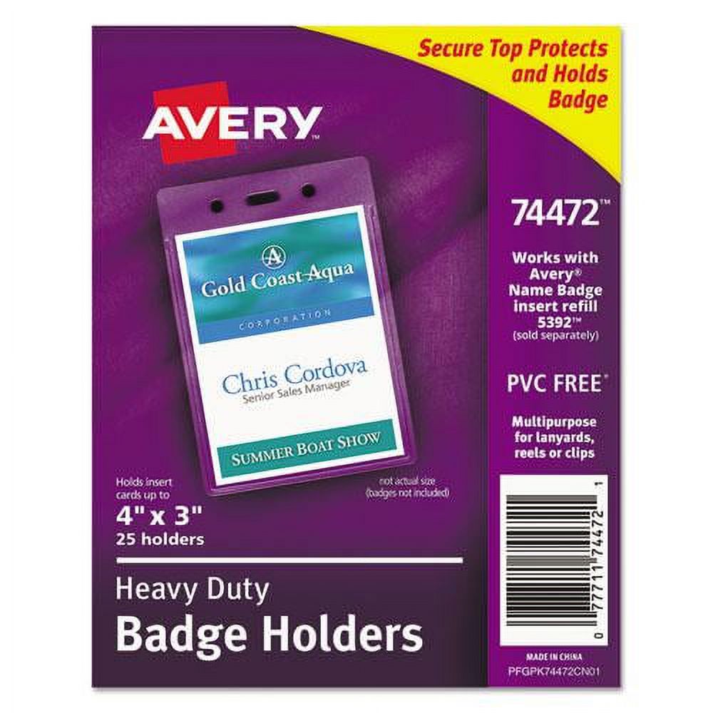 Avery Secure Top Heavy-Duty Badge Holders, Vertical, 3w x 4h, Clear, 25 ...