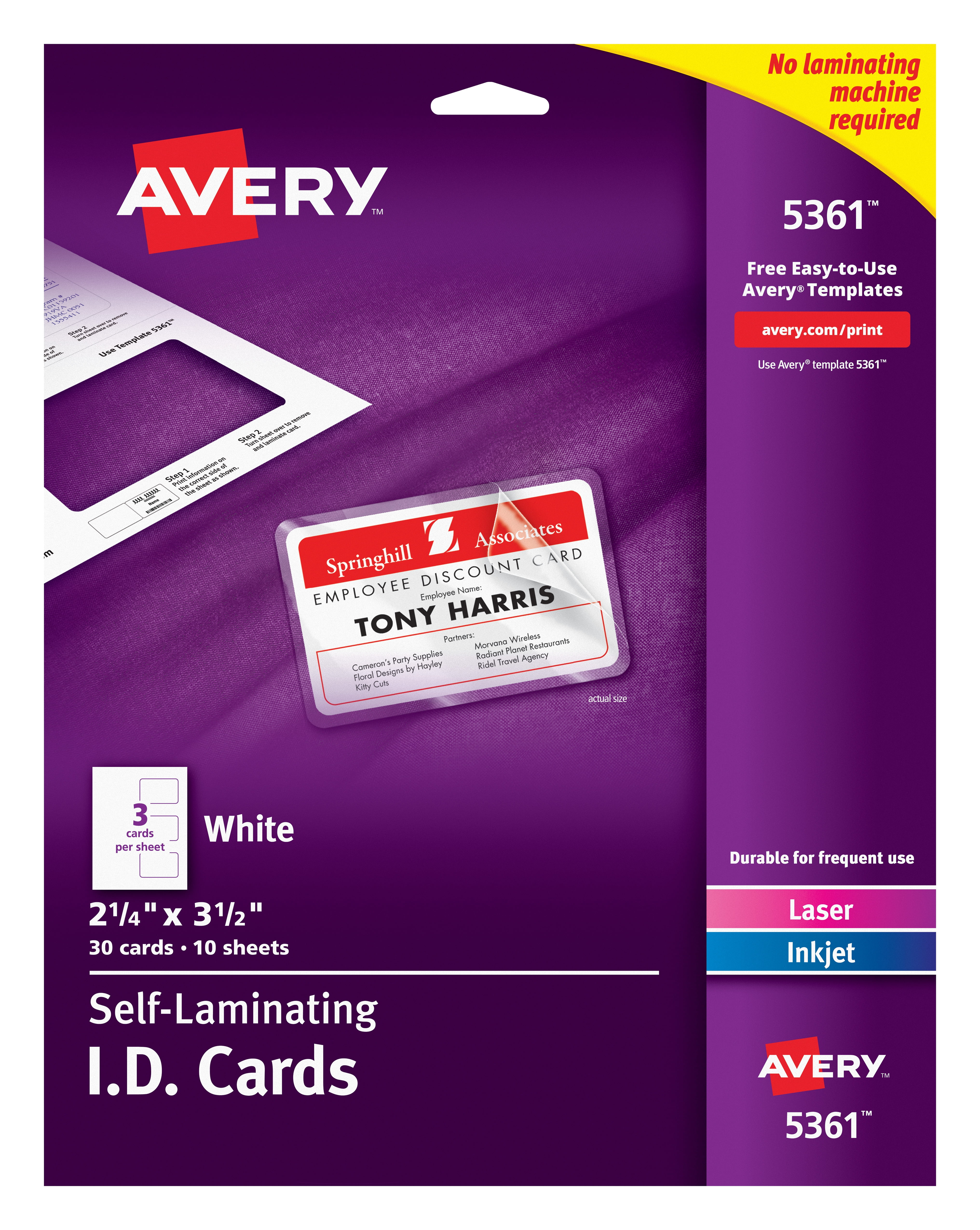 Avery Self-Laminating ID Cards, 2.25" x 3.5", 30 Cards (5361) - Walmart.com