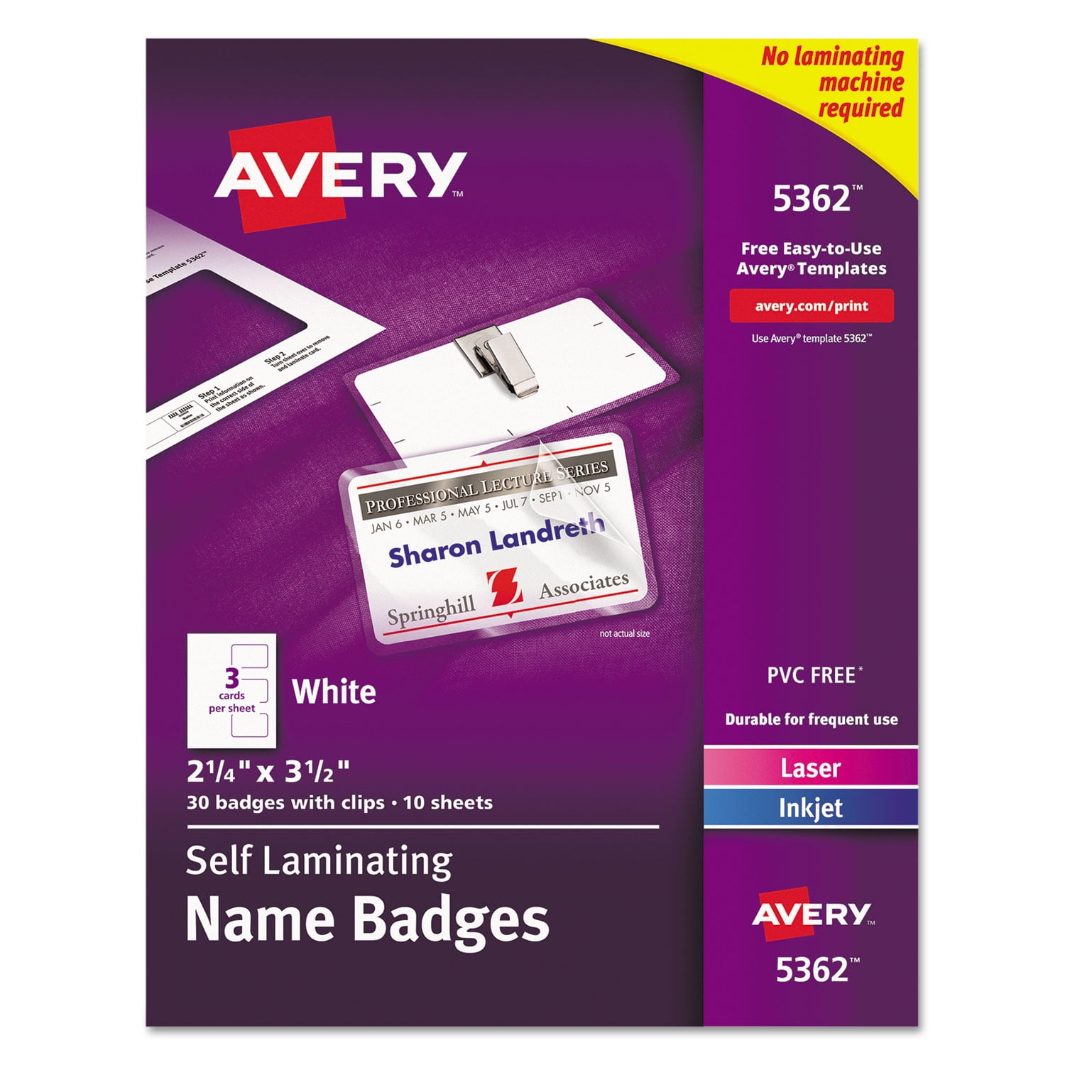 Avery Self-Laminating Laser/Inkjet Printer Badges, 2 1/4 x 3 1/2, White ...