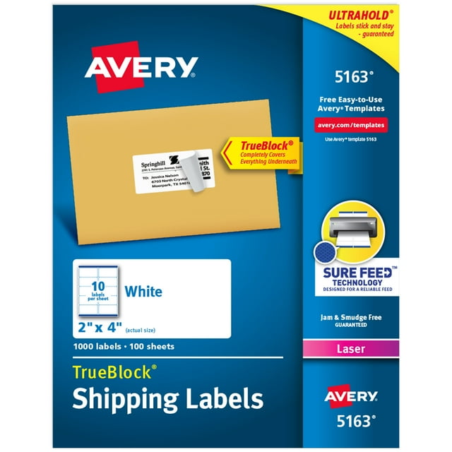 Avery Shipping Labels, 2" x 4", Paper, White, TrueBlock®, Laser, 1000 ...