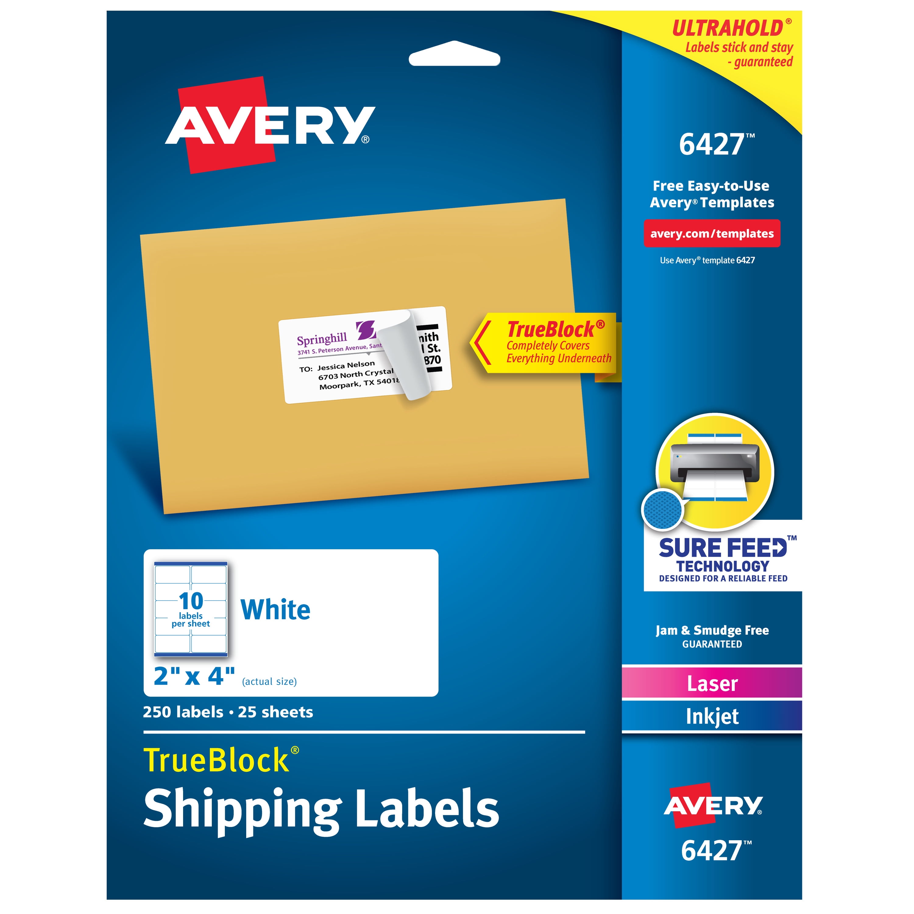 Avery Shipping Labels, Sure Feed, 2" x 4", 250 Labels (6427) - Walmart.com
